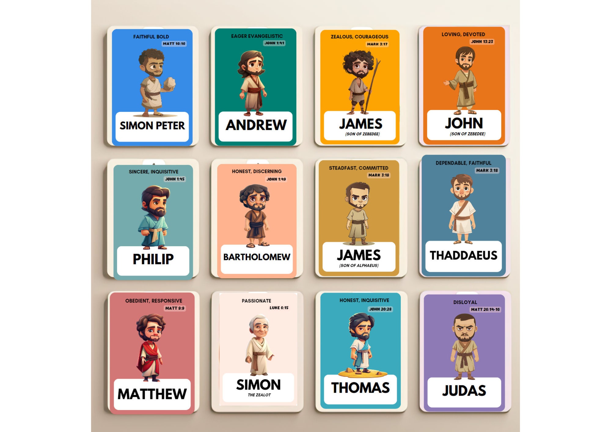 12 Disciples of Jesus Bible Character Flashcards for Kids, Christian ...