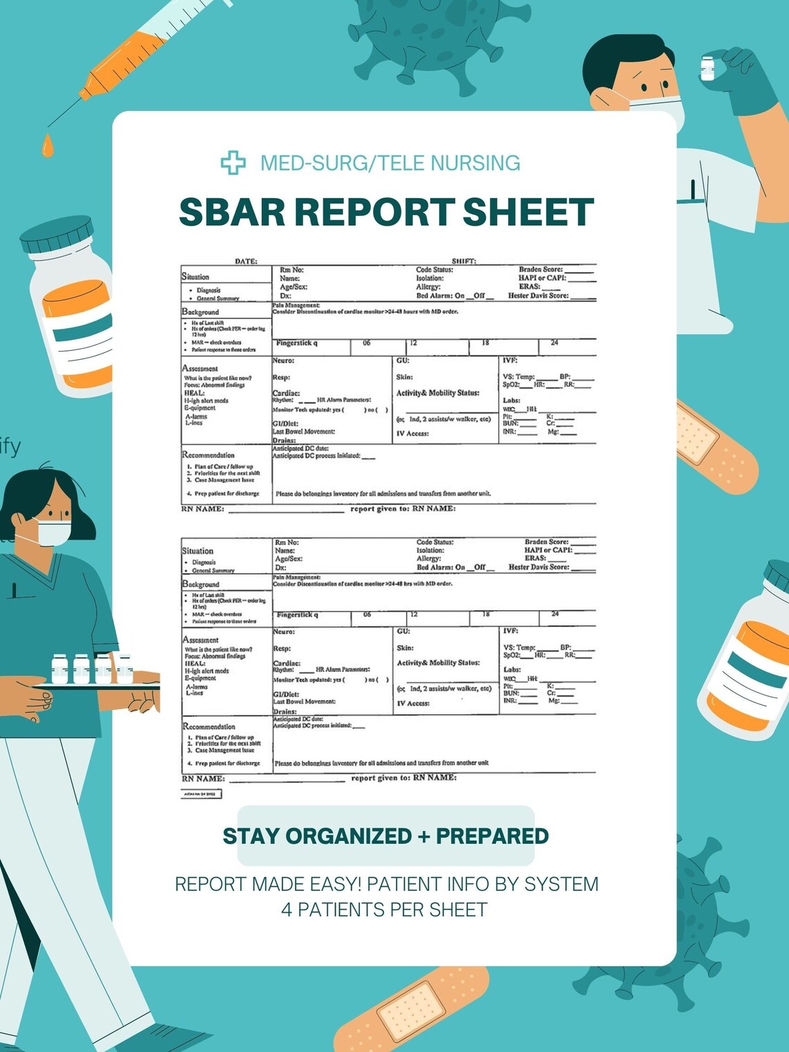 SBAR Nurse Brain Sheet, Nurse Report Sheet, Med Surg Nurse Report, RN ...