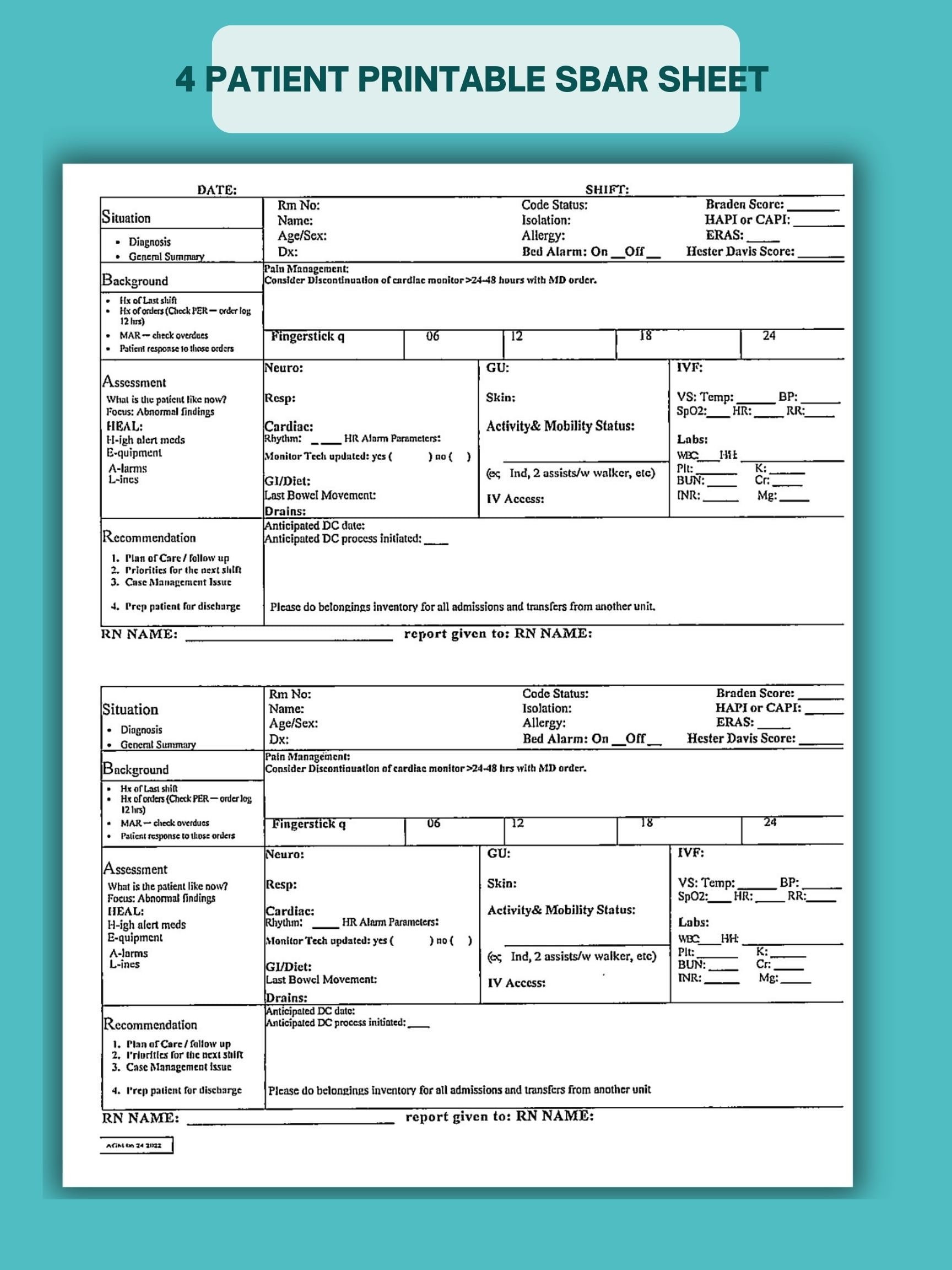 SBAR Nurse Brain Sheet, Nurse Report Sheet, Med Surg Nurse Report, RN ...