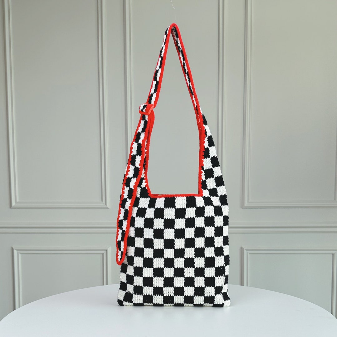 Ffa Crochet Check Bag Black White Red, Crochet Bag, Crossbody Bag ...