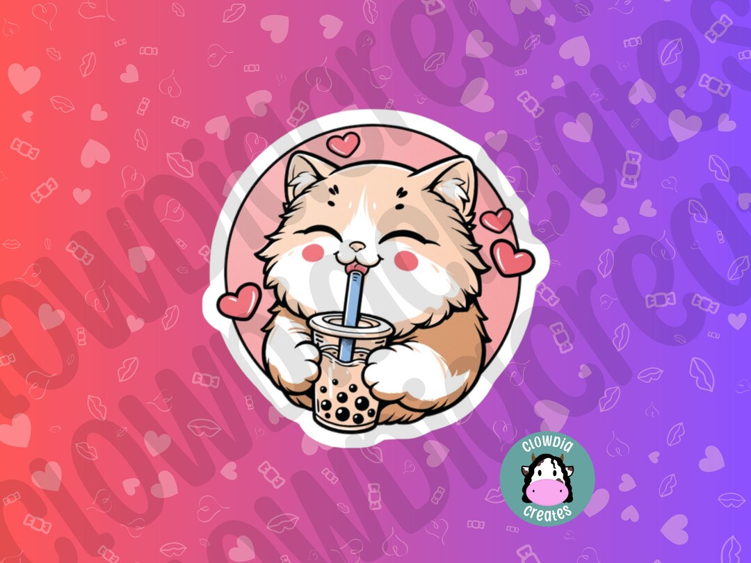 Kawaii Boba Cat Sticker, Kitty Drinking Bubble Tea Vinyl Satin Decal ...