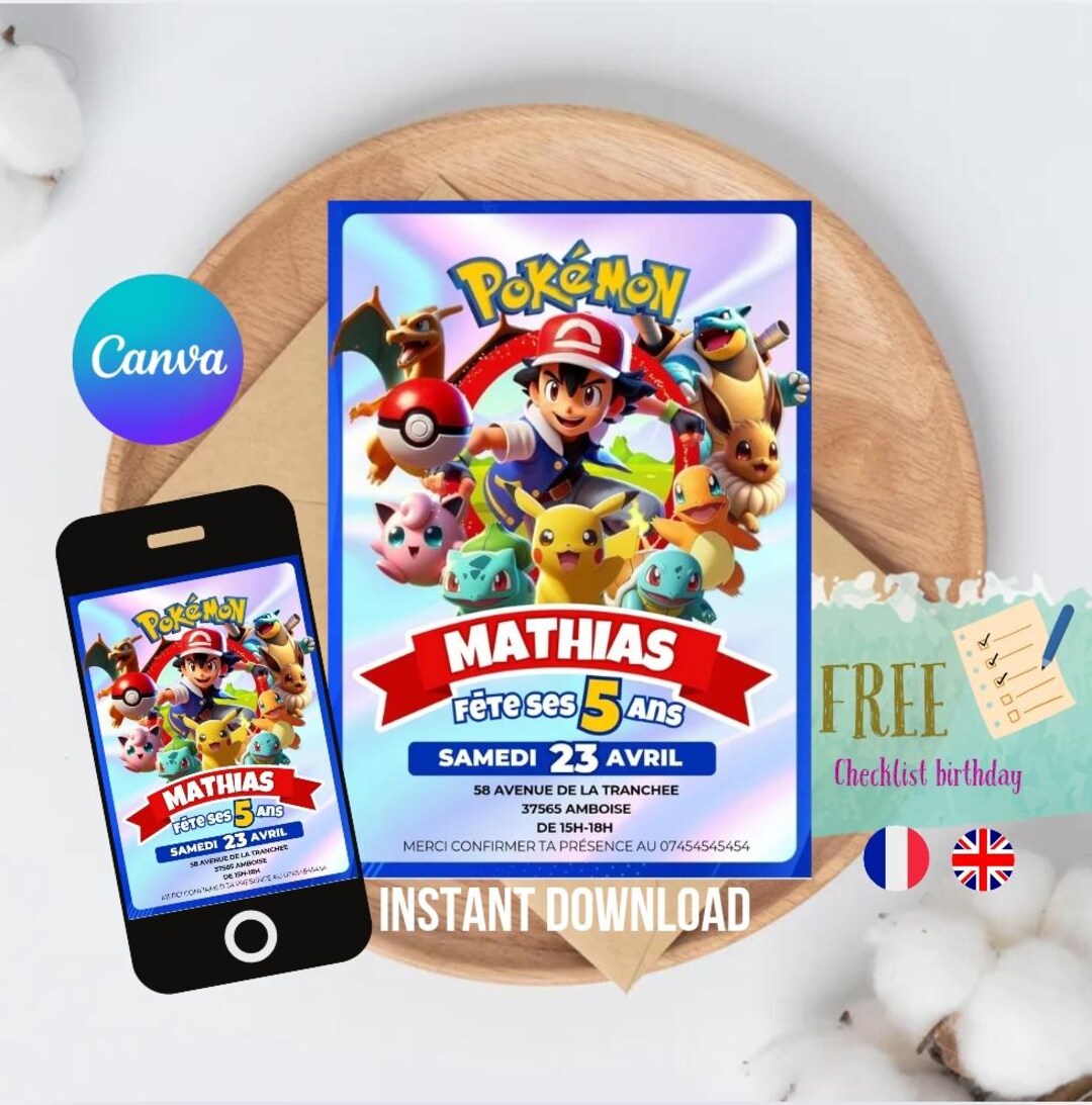 Personalized Pokémon Ash Birthday Invitation Card. for a Girl's or Boy ...