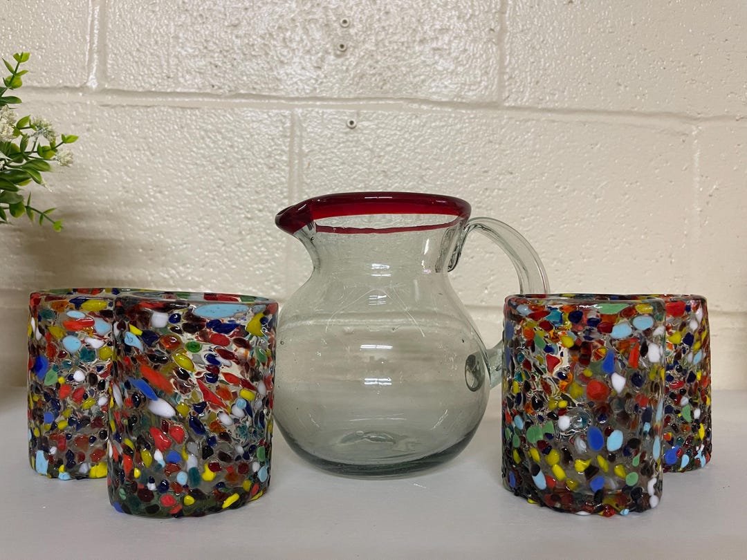 Colores De Mexico Handmade Glass. 5pc Glass Pitcher and Cup Set ...