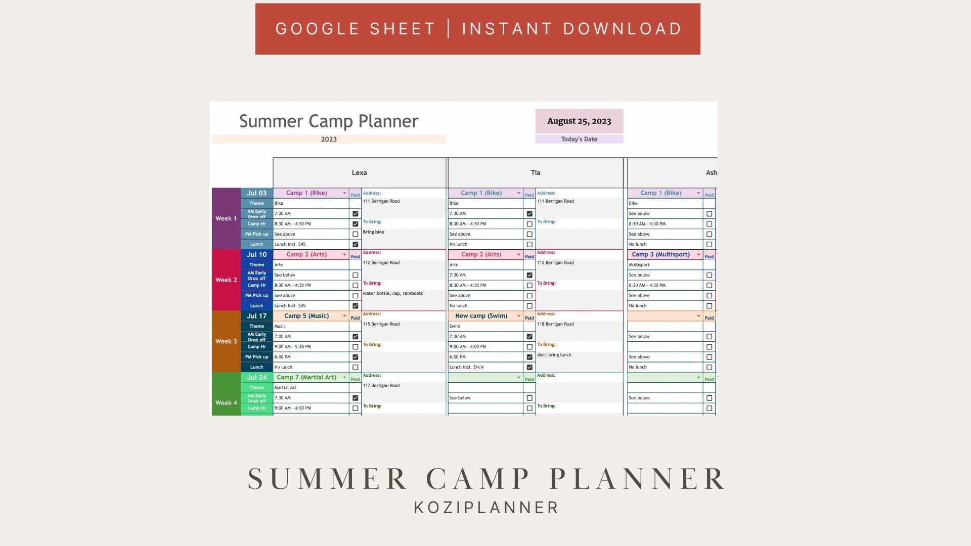 Summer Camp Planner Googlesheet Planner for Busy Mom, Interactive ...