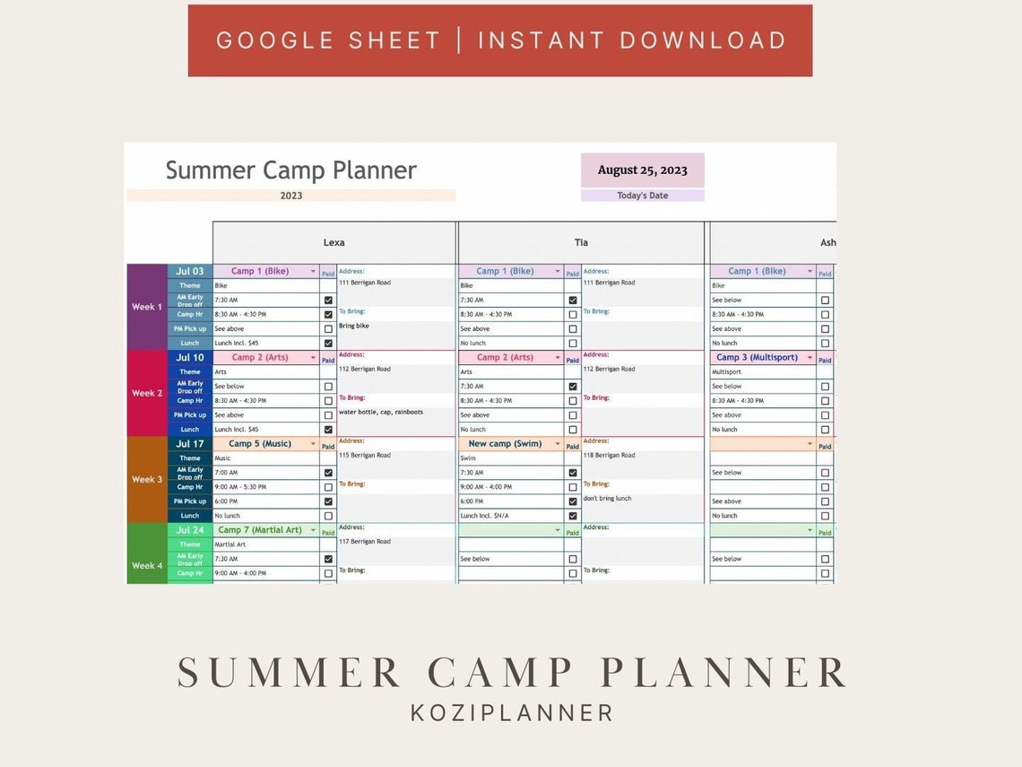 Summer Camp Planner | Googlesheet Planner for Busy Mom, Interactive ...