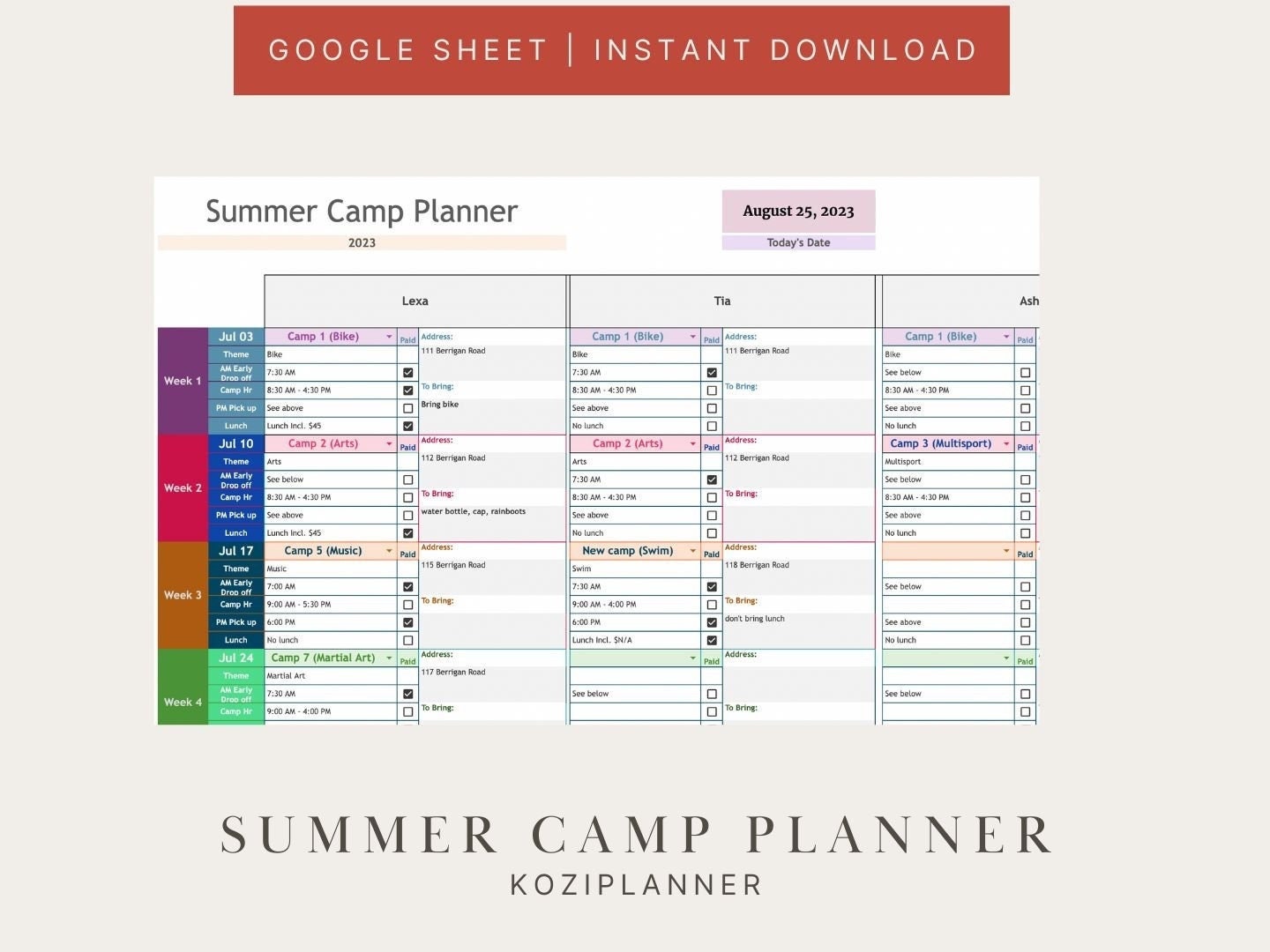 Summer Camp Planner | Googlesheet Planner for Busy Mom, Interactive ...