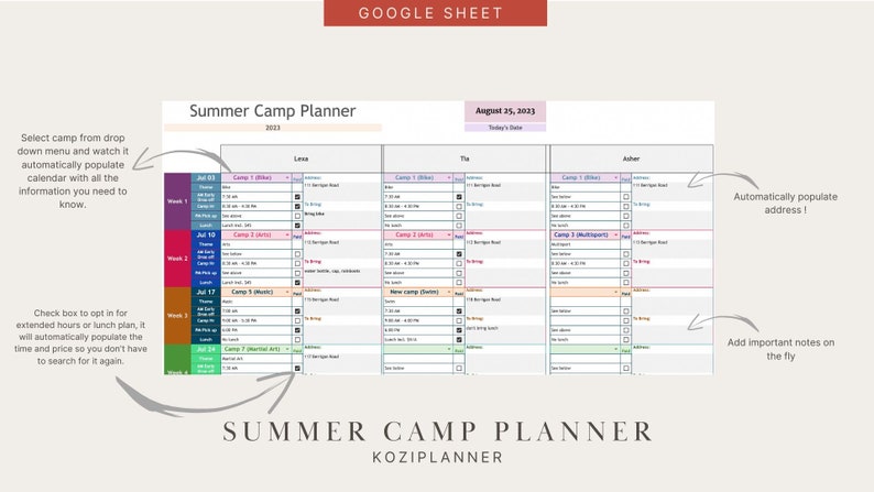 Summer Camp Planner | Googlesheet Planner for Busy Mom, Interactive ...