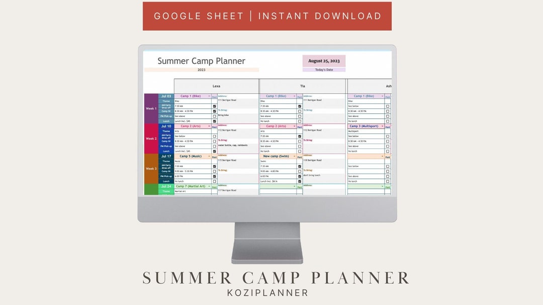 Summer Camp Planner Googlesheet Planner for Busy Mom, Interactive ...