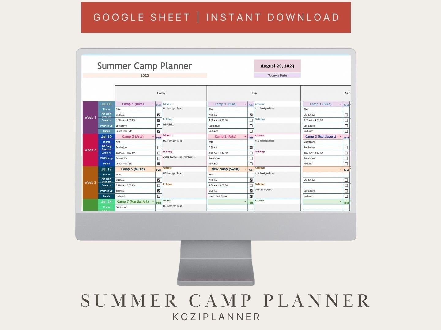 Summer Camp Planner | Googlesheet Planner for Busy Mom, Interactive ...