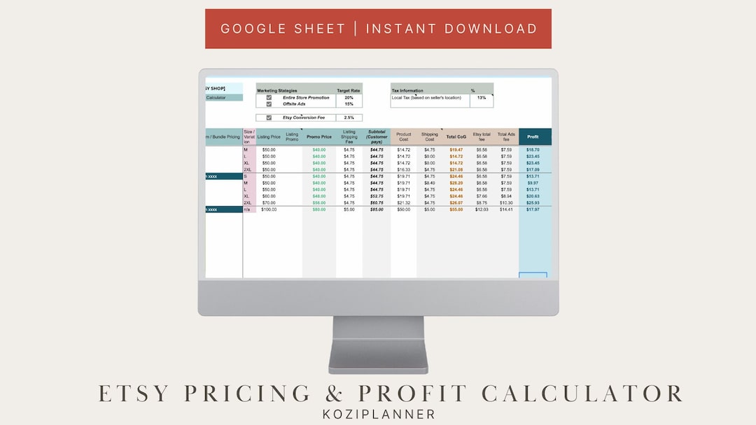 Etsy Pricing Fee and Profit Calculator Google Sheets for Print on ...