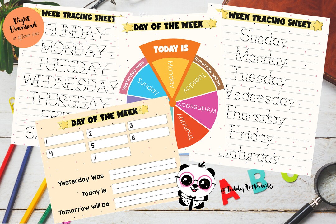 Kid Printable Art: Day of the Week Wheel, Week Tracing Sheet captial ...