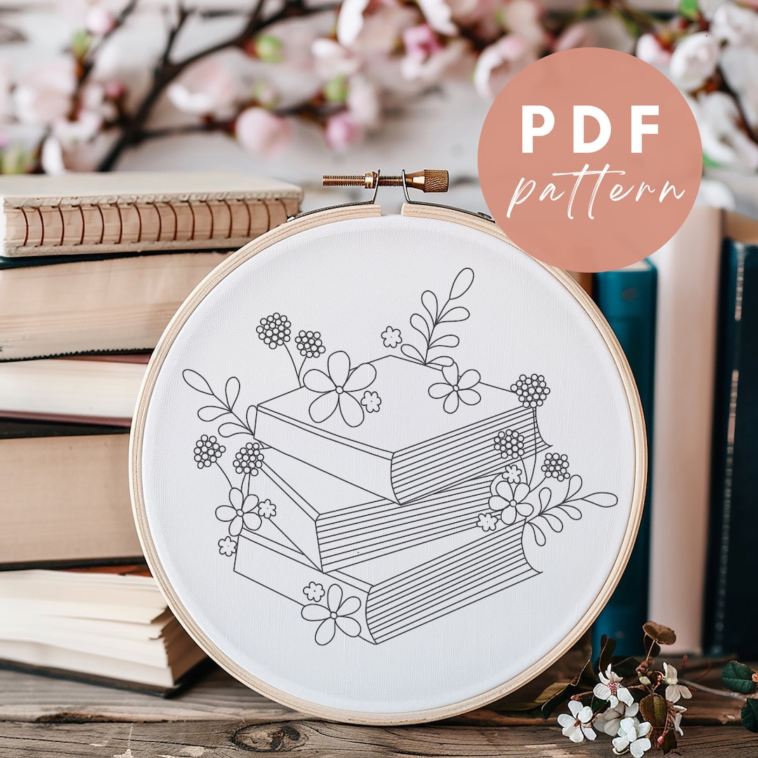 Floral Bookstack - Embroidery PDF Pattern for Beginners - Instant Download Embroidery Design - Etsy