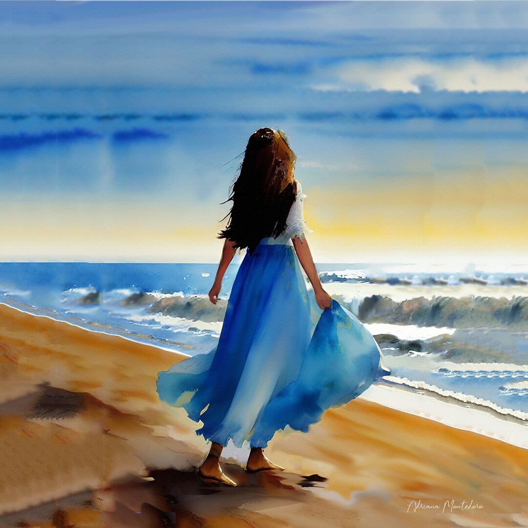 Girl With the Ocean Blue Skirt - Watercolor Art Prints. From My Ladies ...