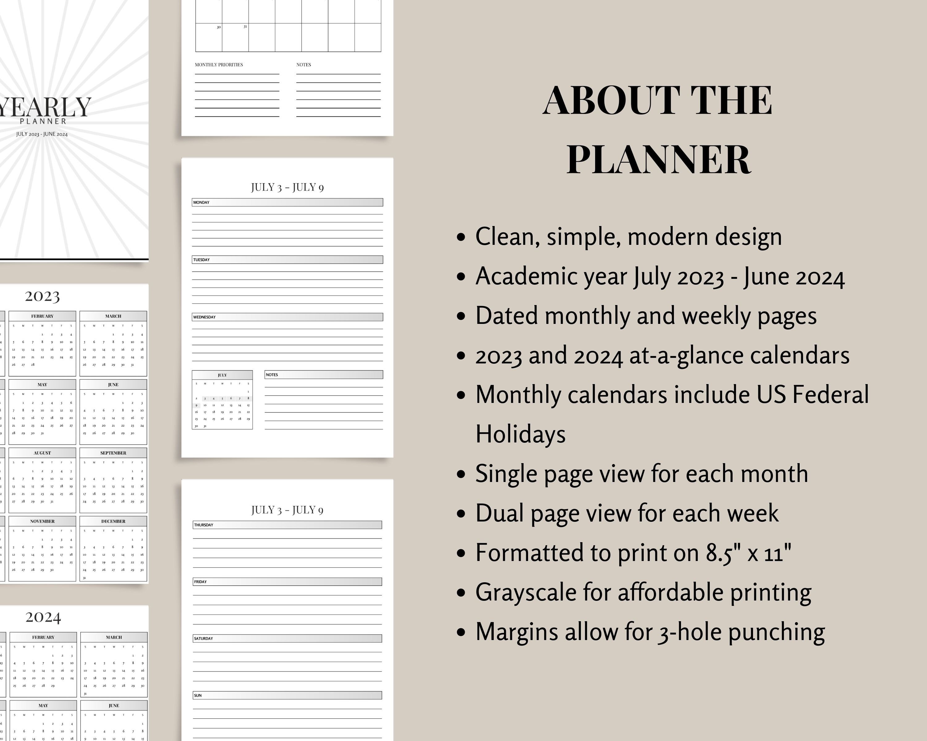 Printable Black & White PDF 2023 2024 Academic Year Planner Calendar ...