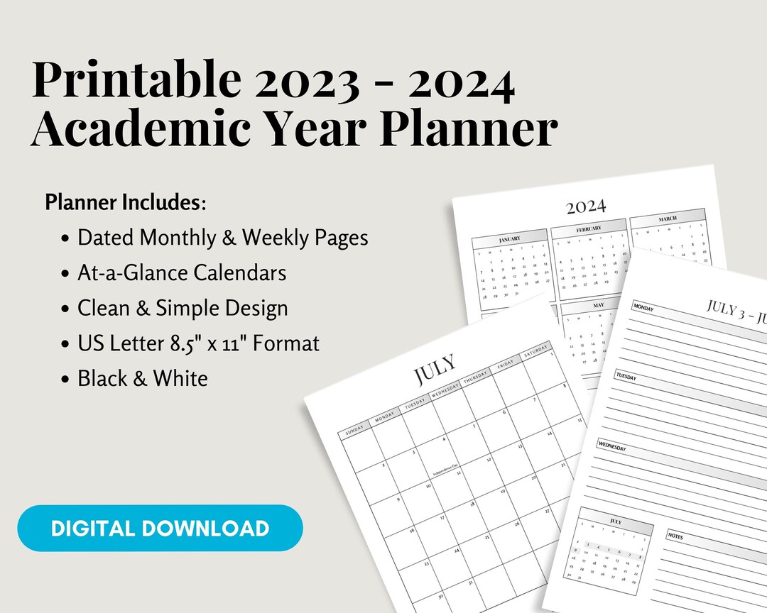 Printable Black & White PDF 2023 2024 Academic Year Planner Calendar ...