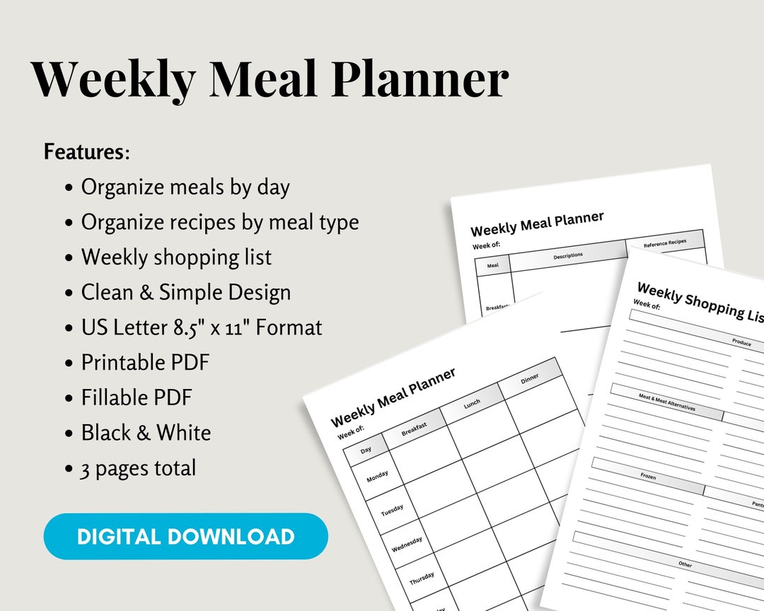 Printable Black & White PDF Weekly Meal Planner With Shopping List ...