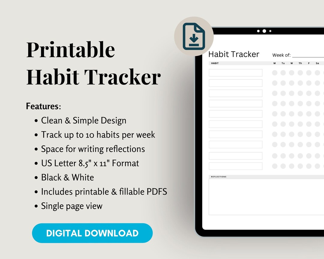 Printable Black & White PDF Habit Tracker | Instant Download - Etsy