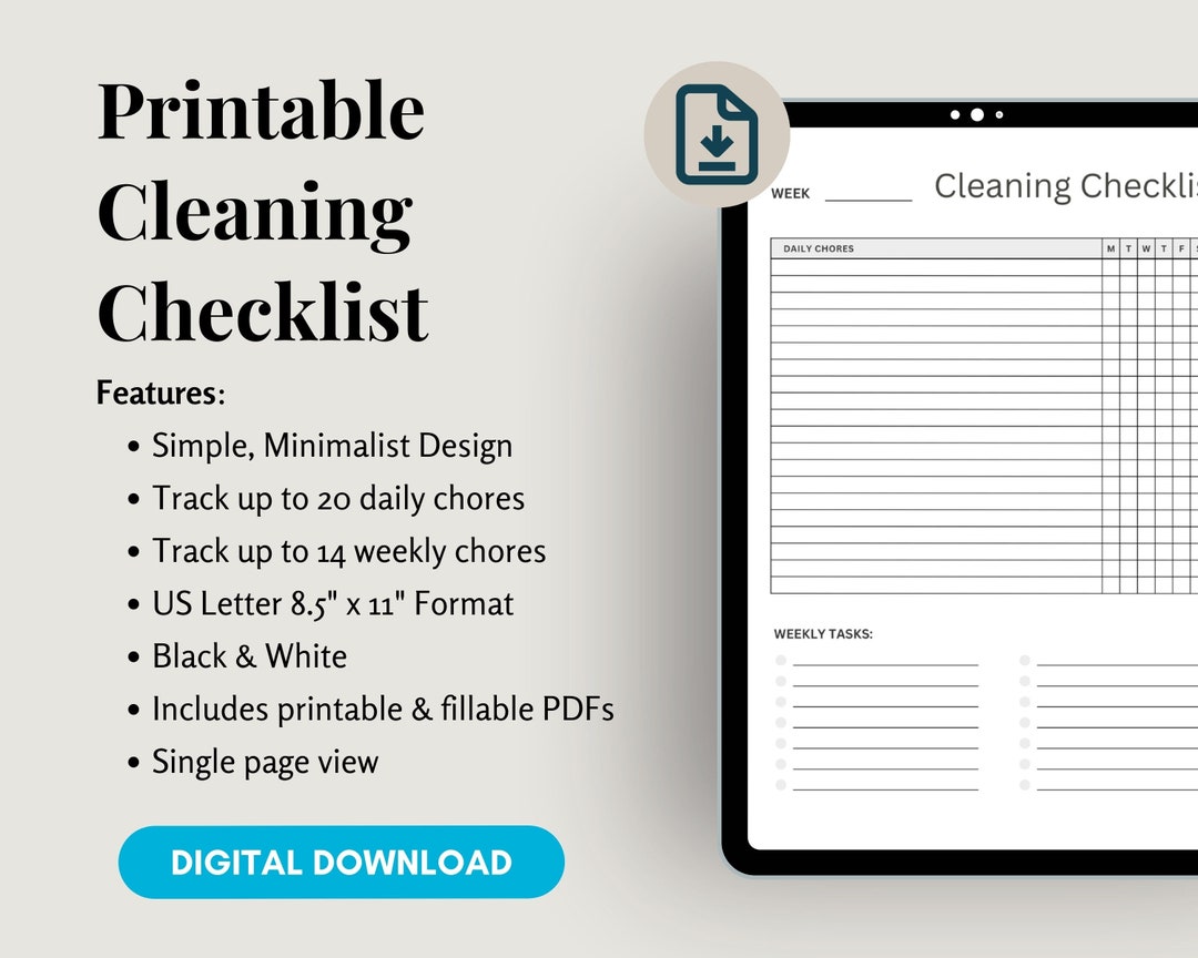 Printable Black & White PDF Weekly Cleaning Checklist | Instant ...