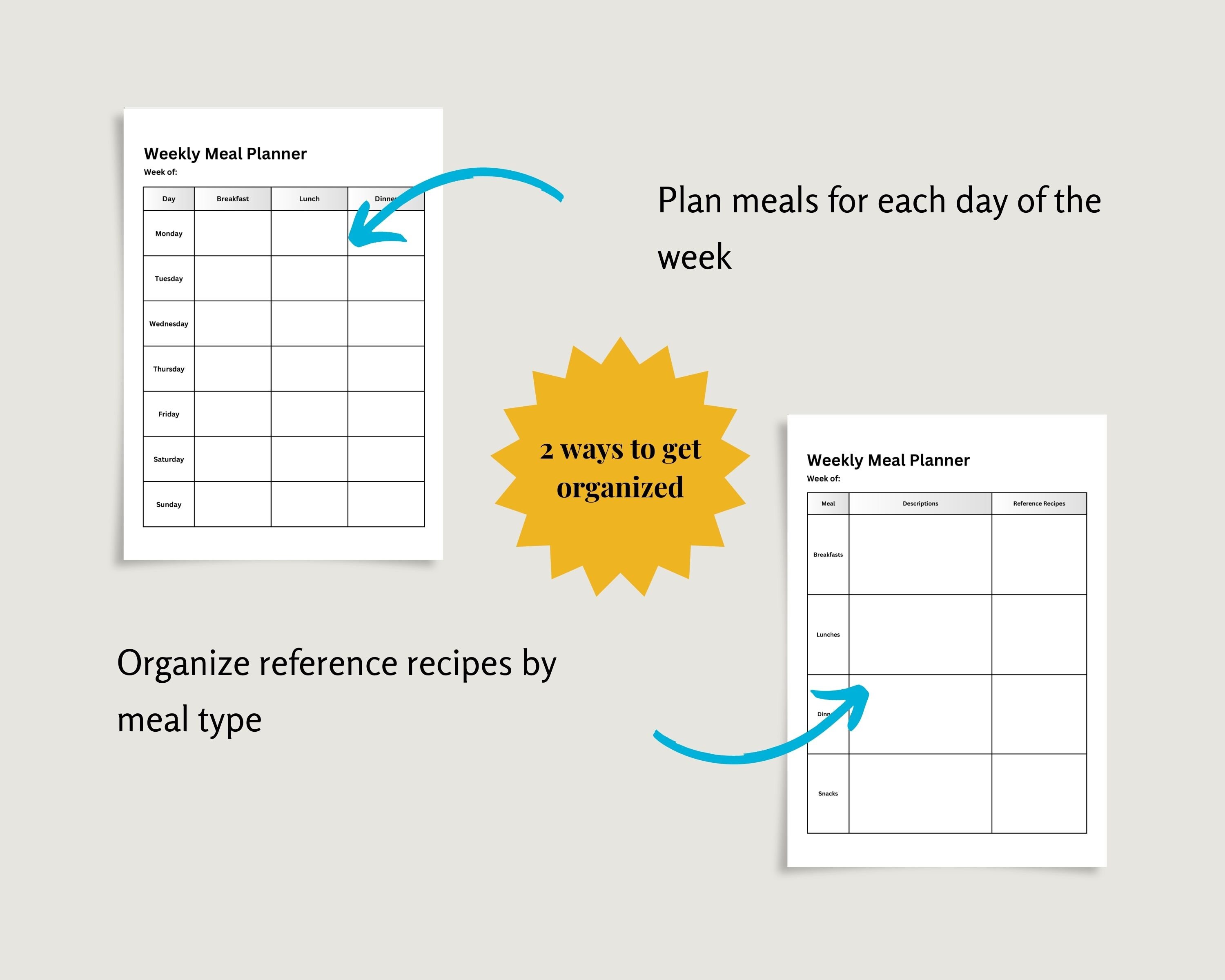 Printable Black & White PDF Weekly Meal Planner With Shopping List ...