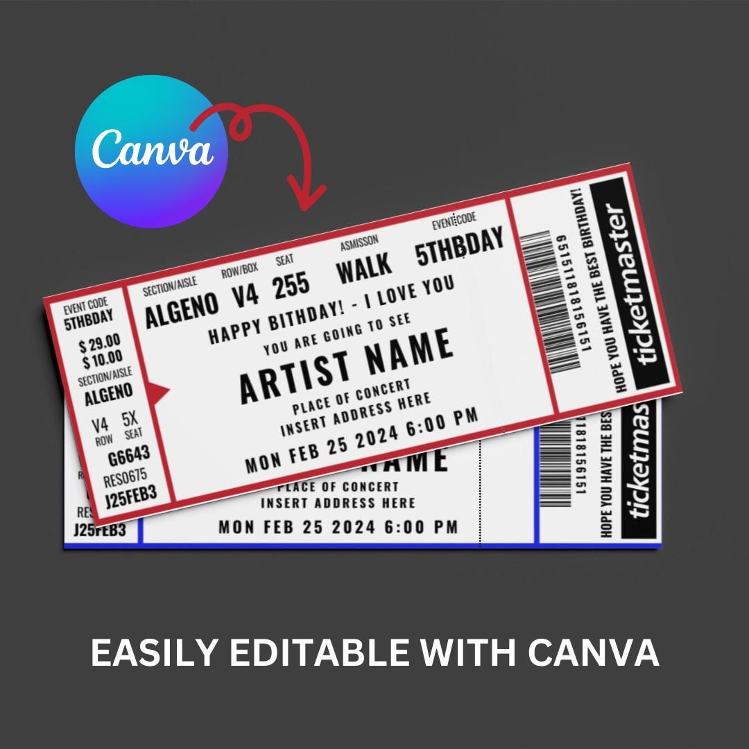 Ticketmaster Ticket, Concert Ticket Template, Canva Ticket, Surprise Concert Tickets, Birthday ...