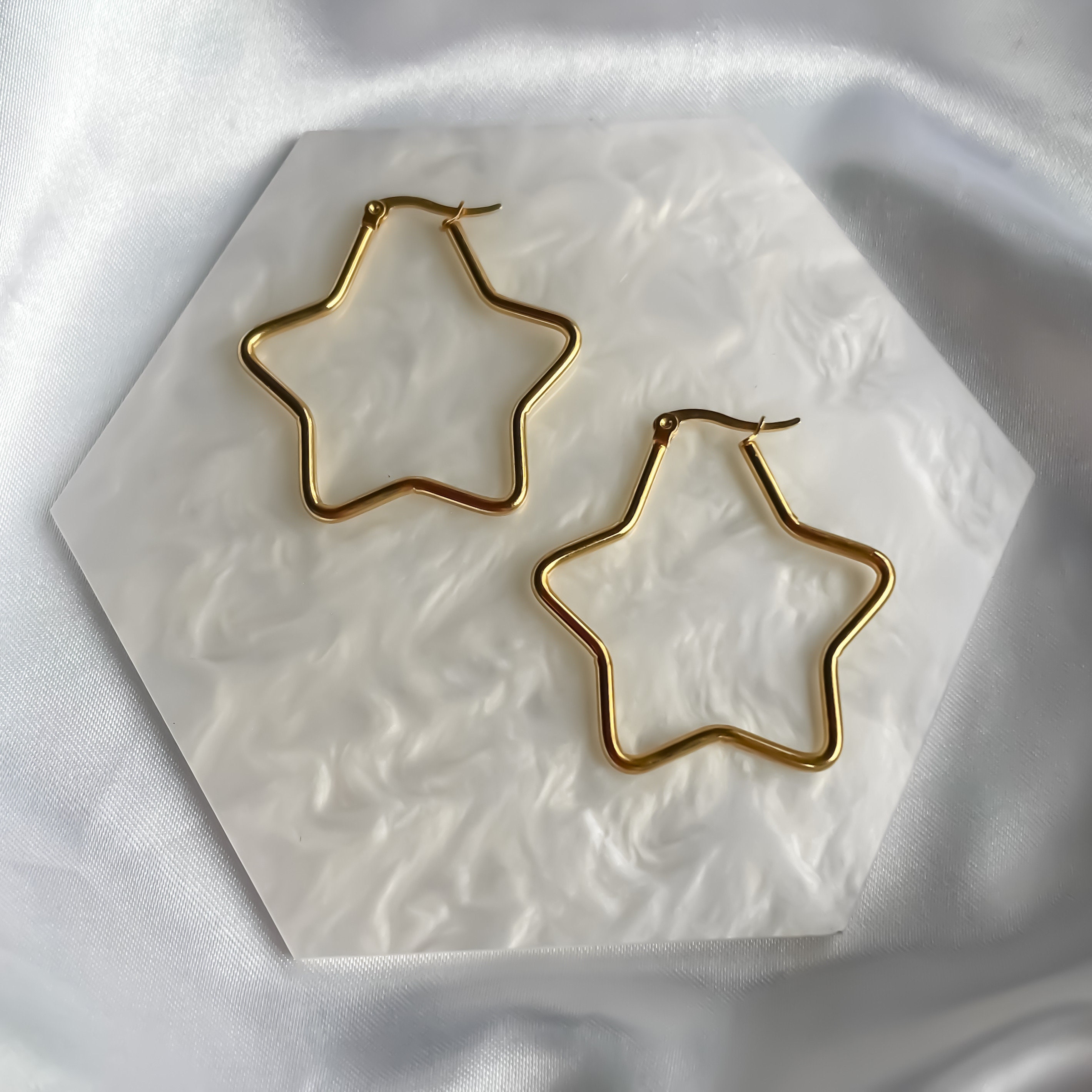 18k Gold Star Hoops Big Gold Hoops Gold Star Jewelry Thick Gold Hoops ...