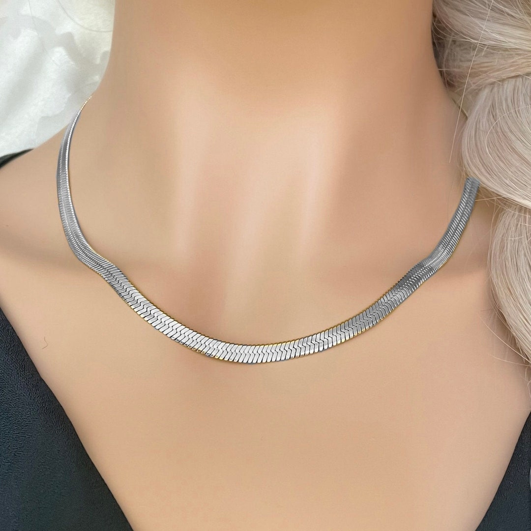 Silver Herringbone Necklace • Snake Chain Necklace • Waterproof Necklace • Herringbone Chain ...