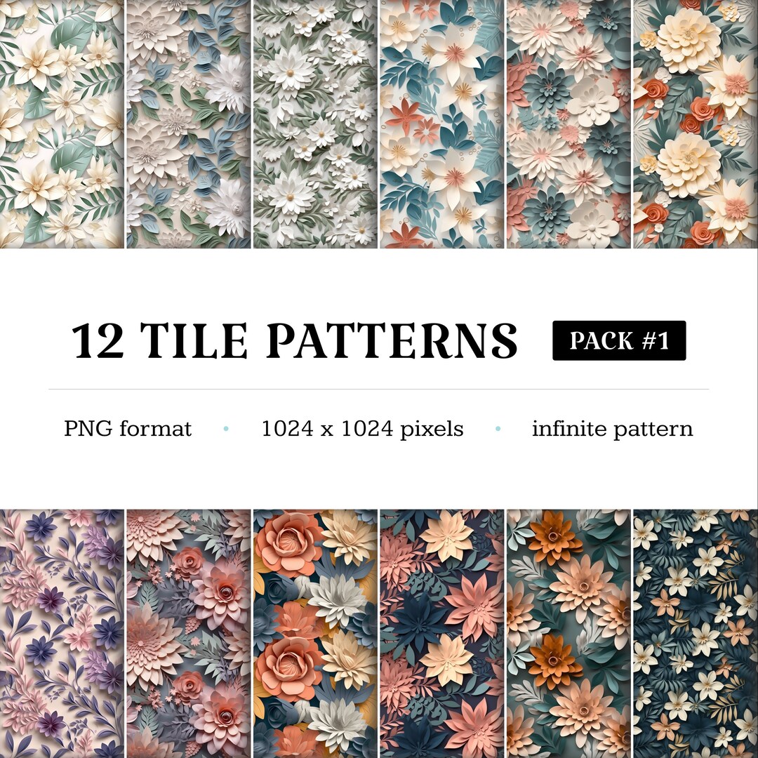 12 Floral Color Digital Seamless Tile Pattern Bundle | Papercut 3D ...