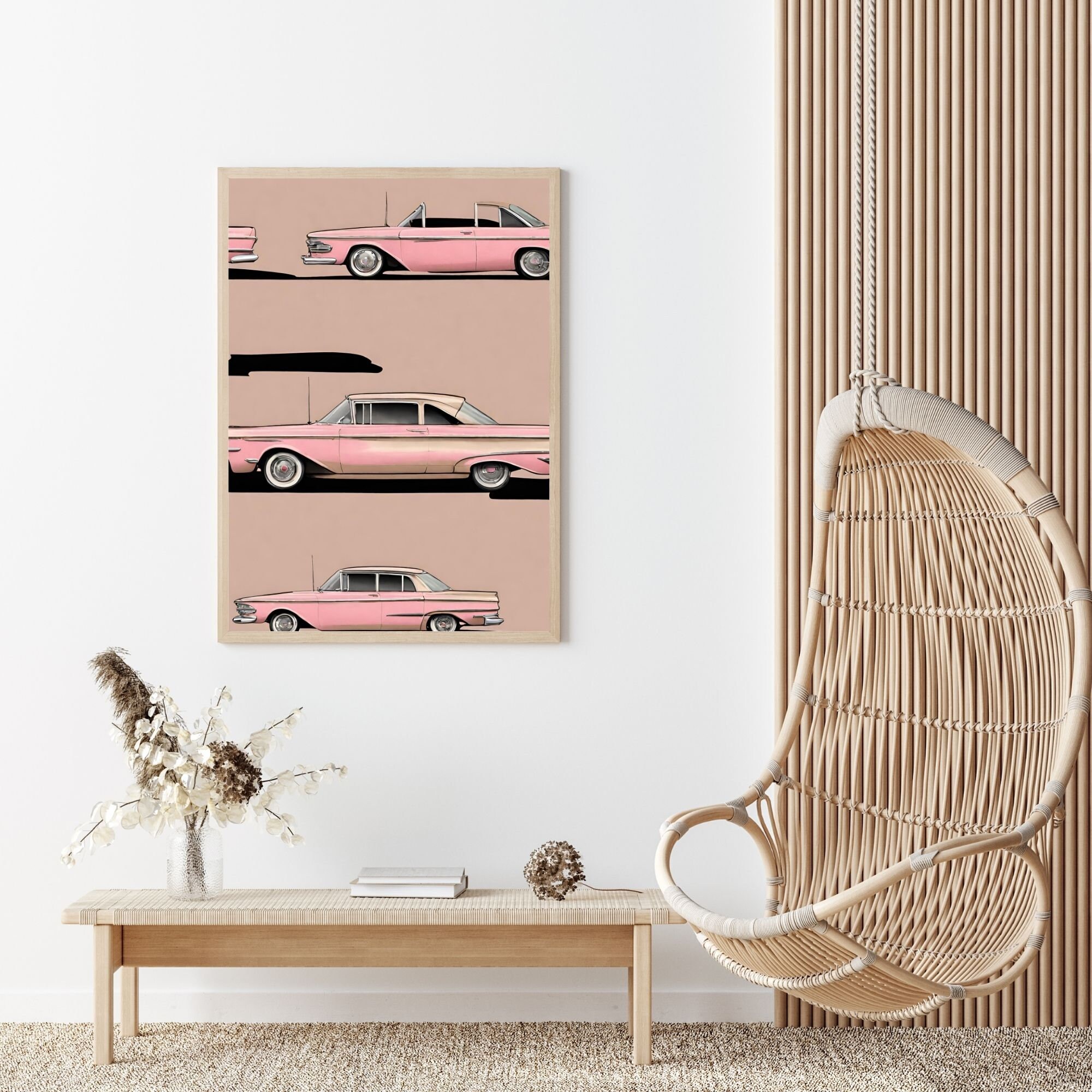Classic Car Wall Art, Pink Aesthetic Room Decor, Pink Car Poster, Retro ...