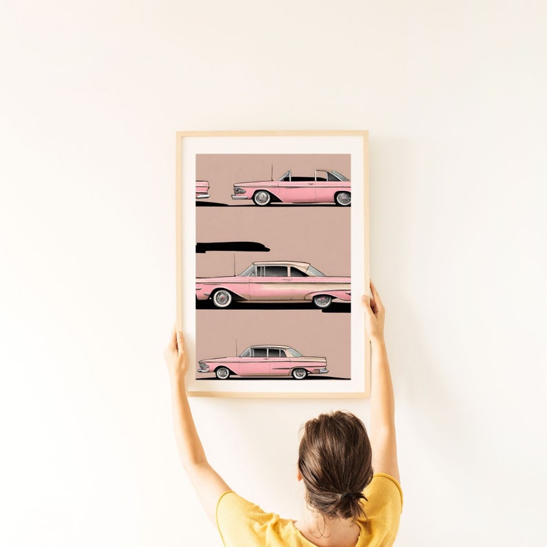 Classic Car Wall Art, Pink Aesthetic Room Decor, Pink Car Poster, Retro ...