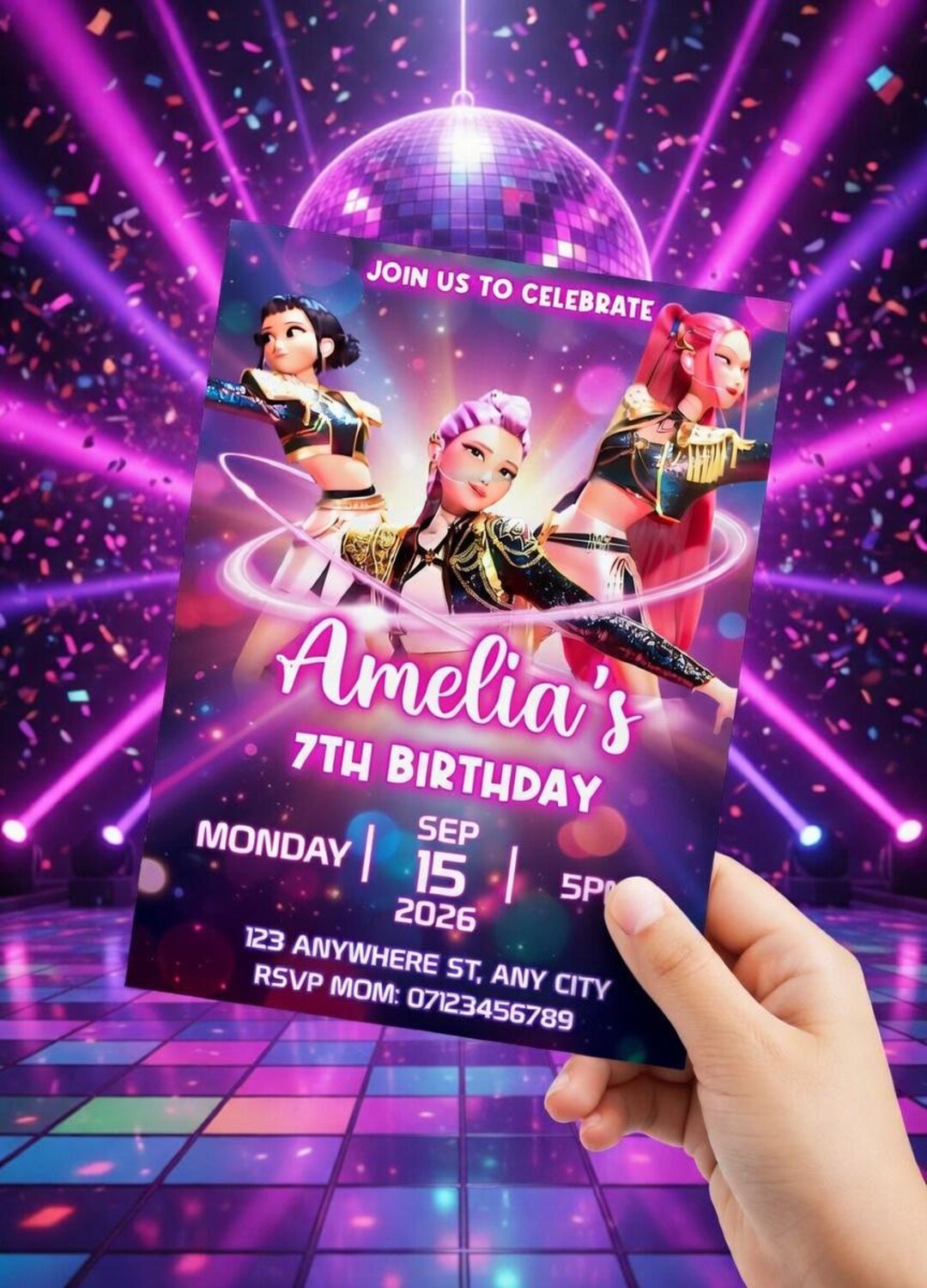 Custom Kpop Demon Hunter Girls Party Card | Personalized Huntrix Disco ...