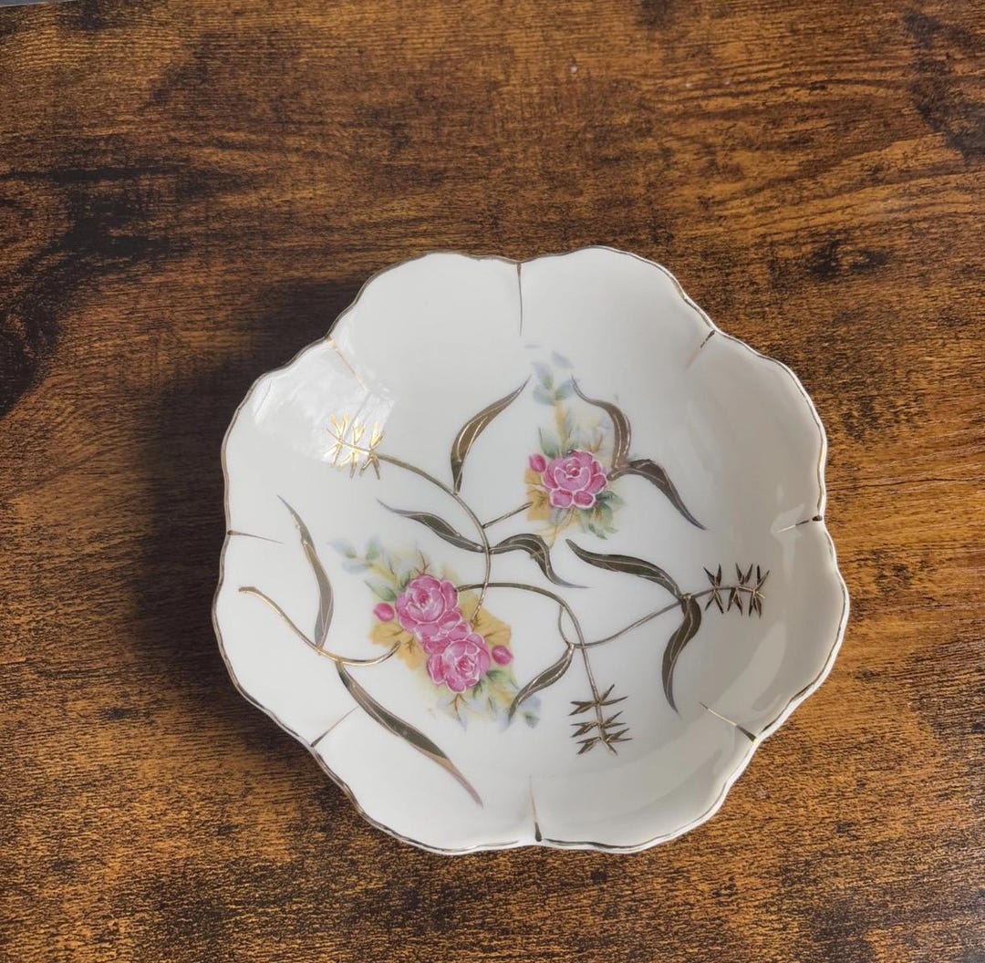 Vintage Betson Hand-painted Rose Trinket Dish: Gold Accent Ceramic Bowl ...