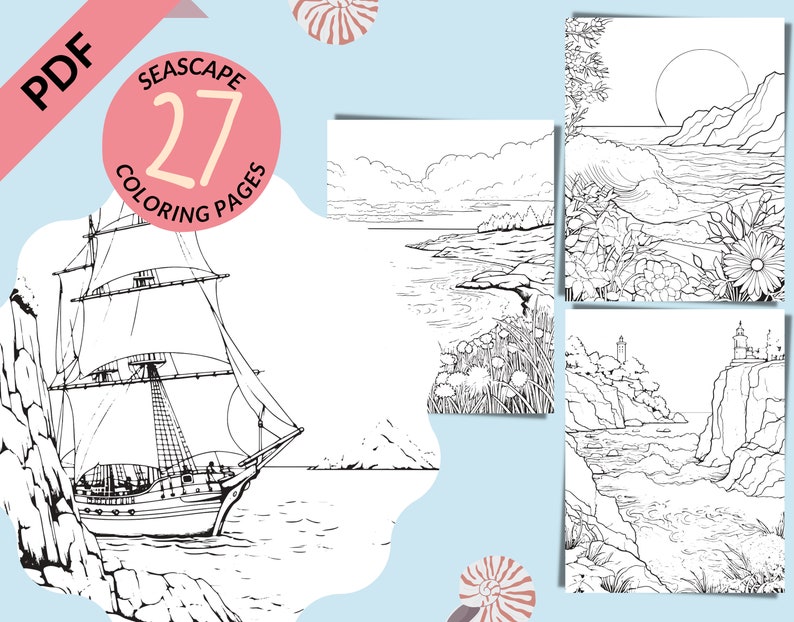 Seascape Coloring Pages for Adults Beach Scene Lighthouse Ship - Etsy