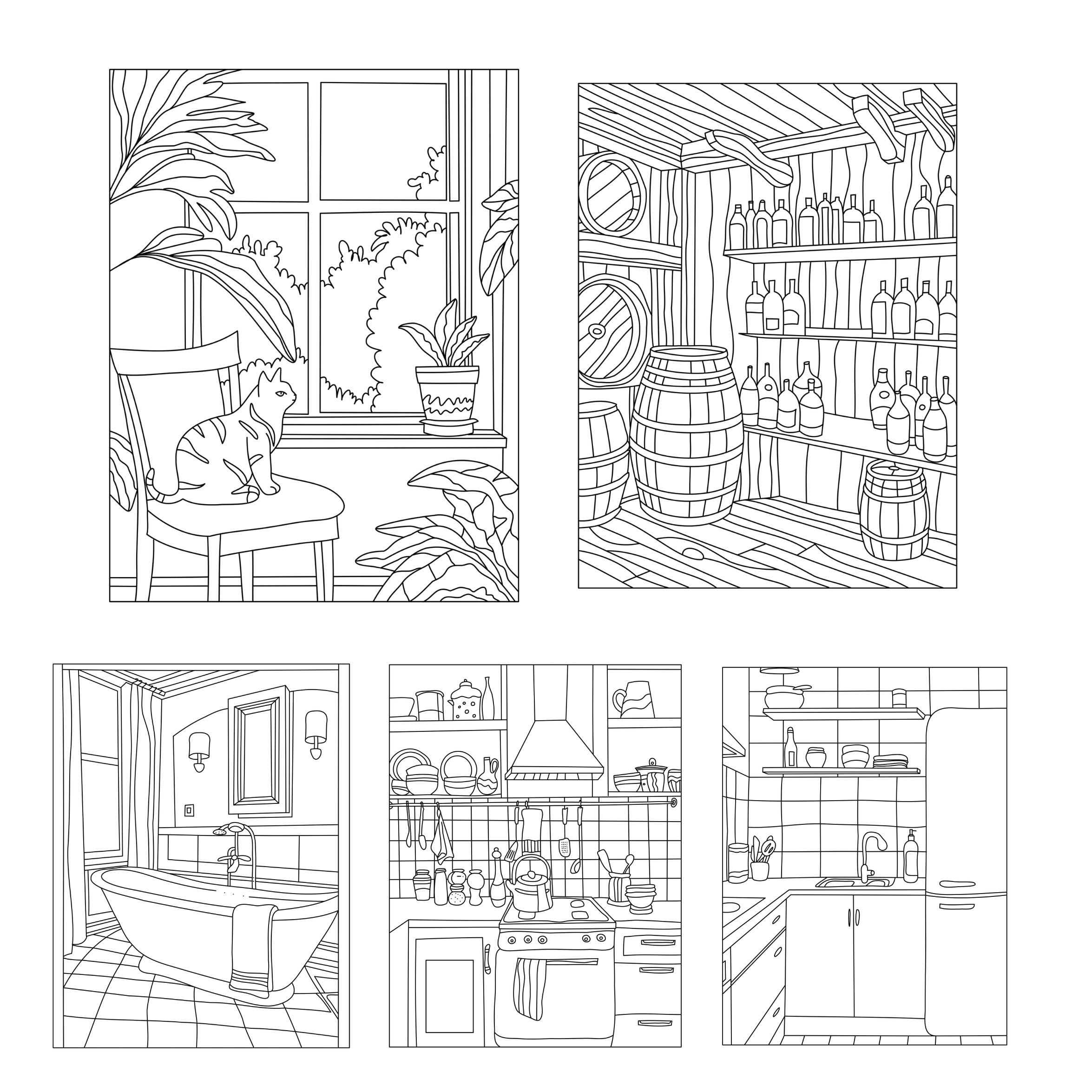 Interior Coloring Pages for Adults Printable Cozy Home Decor Coloring ...