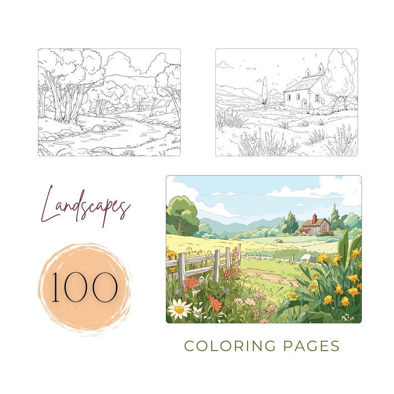 100 Landscape Coloring Pages: Nature Scenes, Relaxing Activity (PDF ...