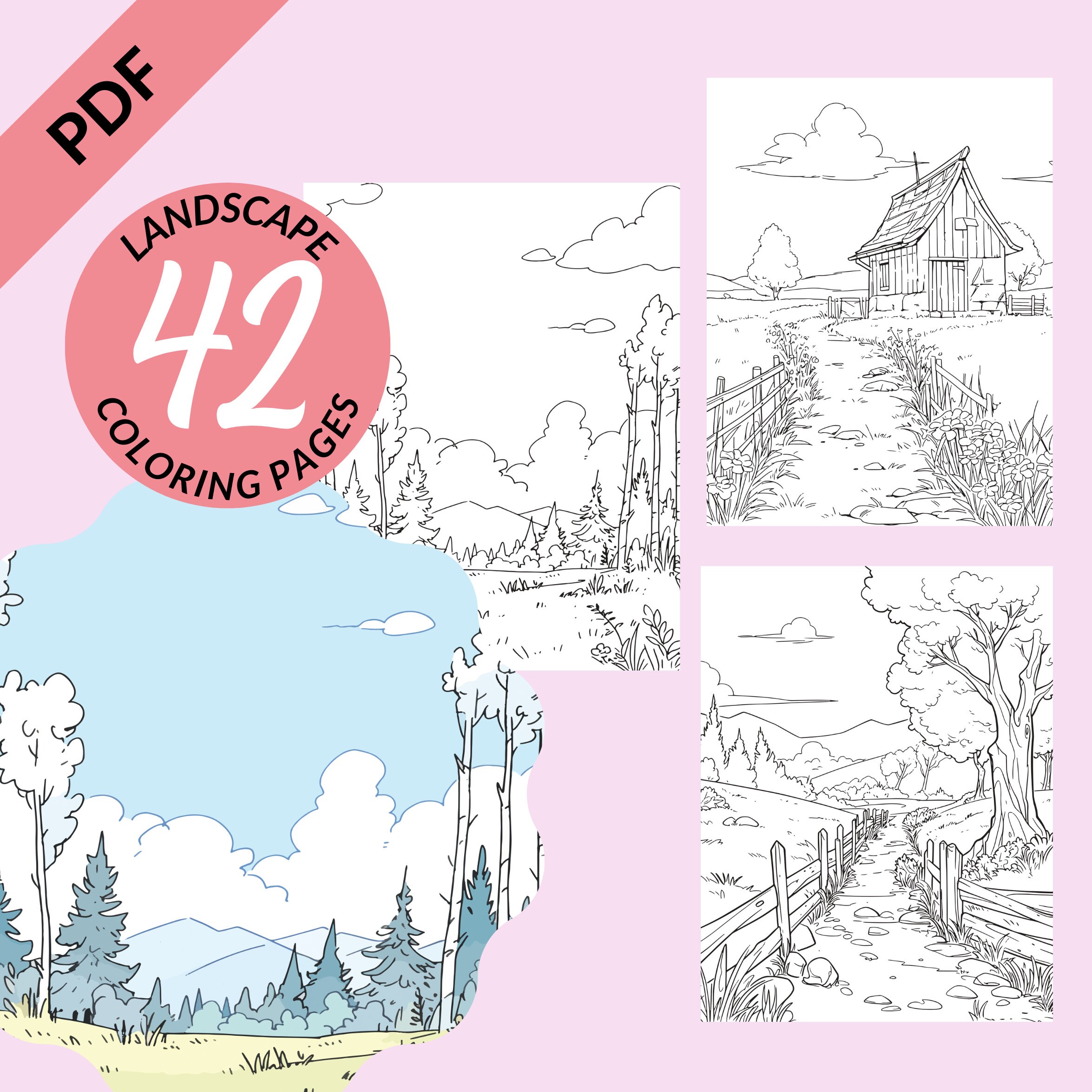 Landscape Coloring Book: 42 Relaxing Nature Pages (PDF Digital Download ...