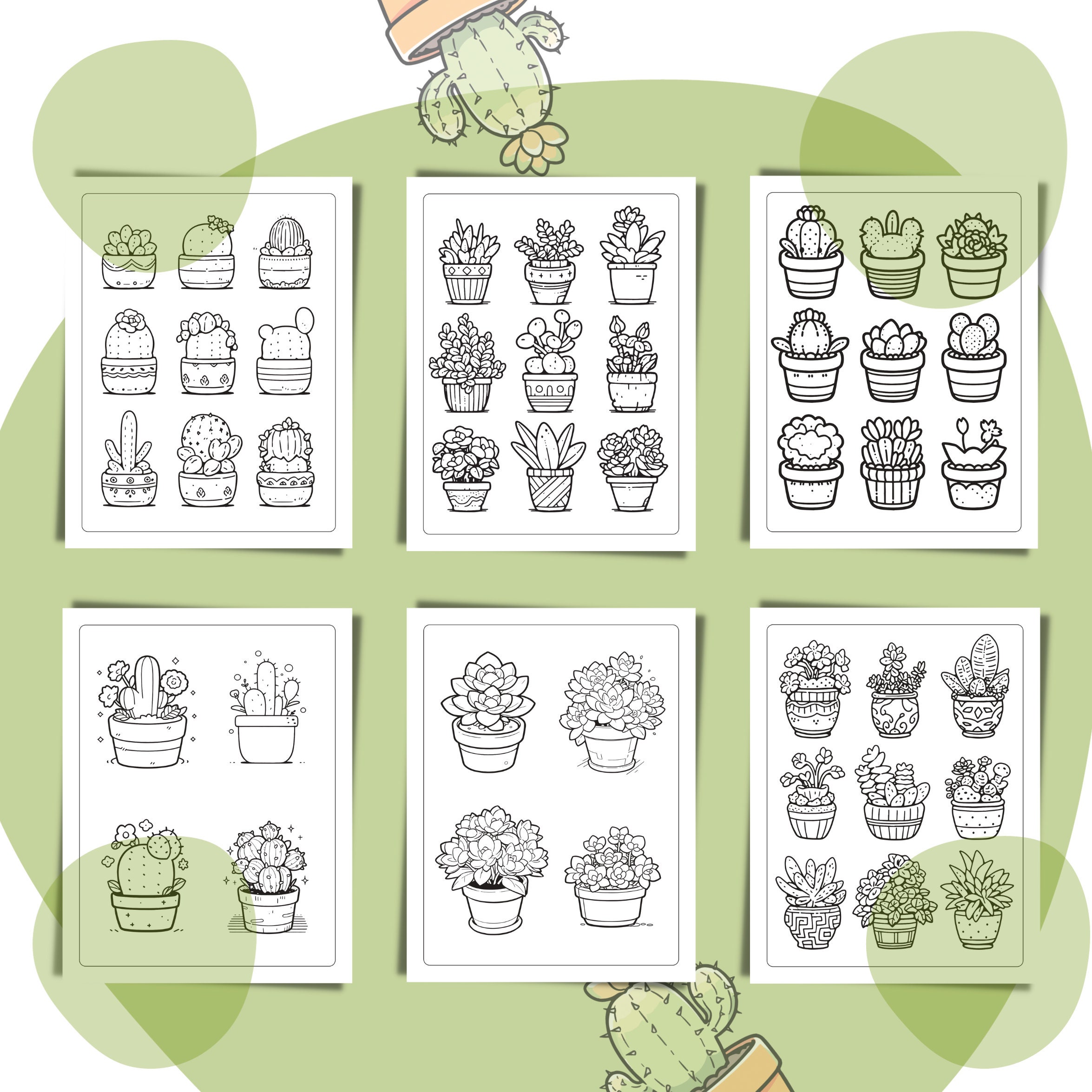Plants in Pots Coloring Pages for Adults Cactus Houseplant Coloring ...