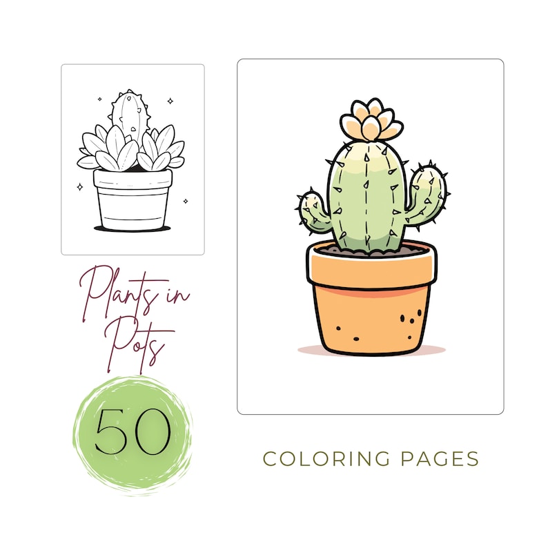 Plants in Pots Coloring Pages for Adults Cactus Houseplant Coloring ...