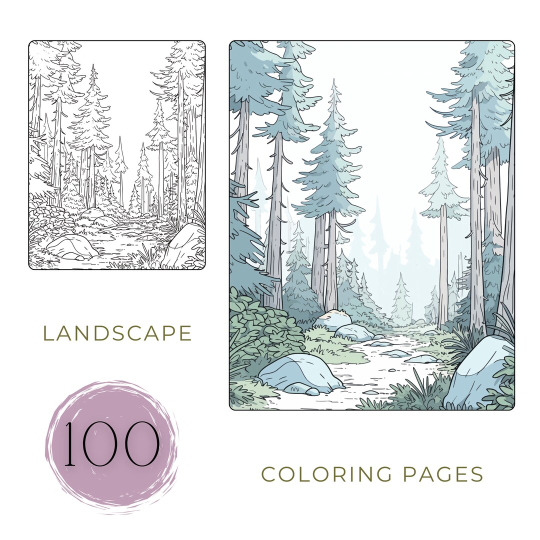 100 Landscape Coloring Pages: Nature Scenes for Adults (PDF Download ...