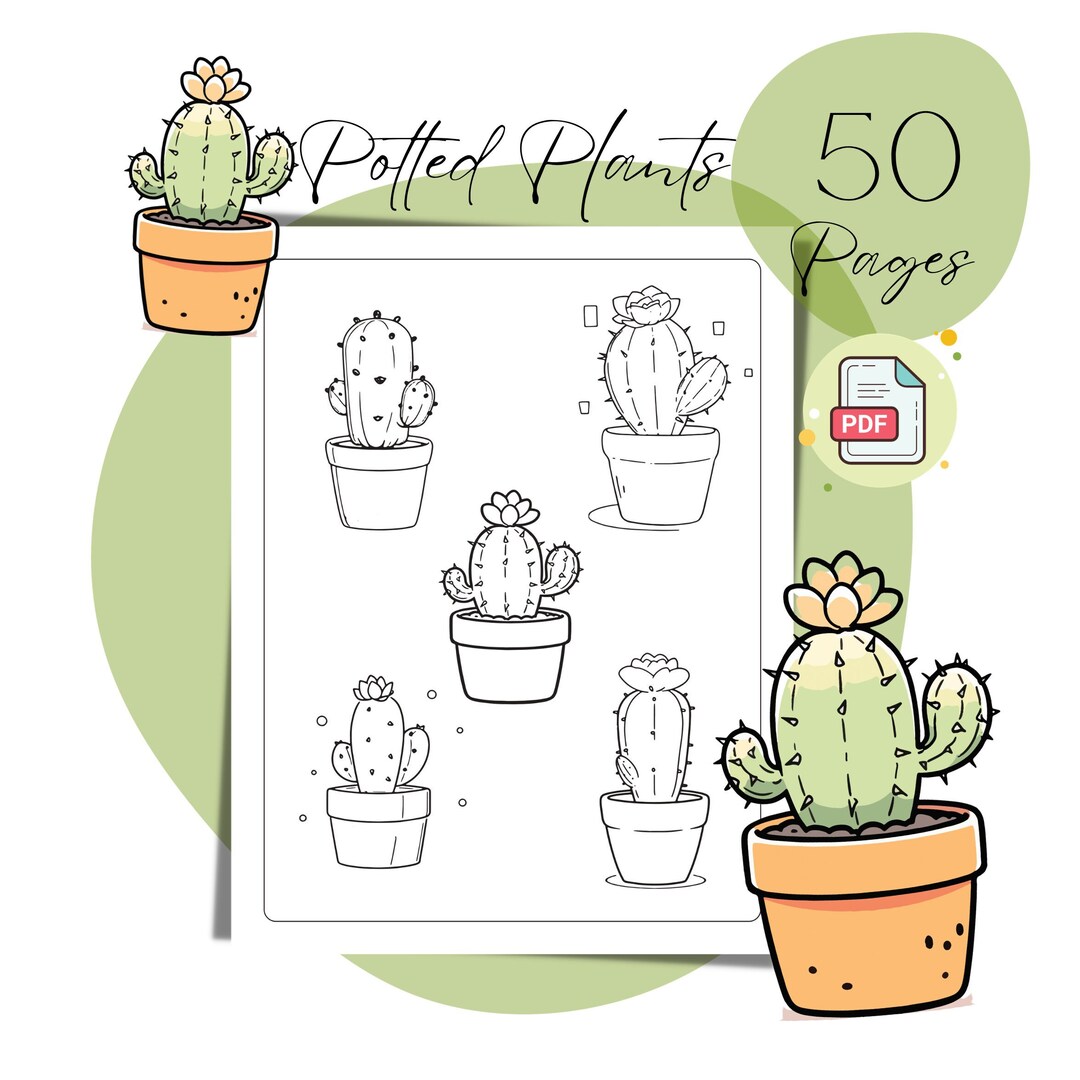Plants in Pots Coloring Pages for Adults Cactus Houseplant - Etsy