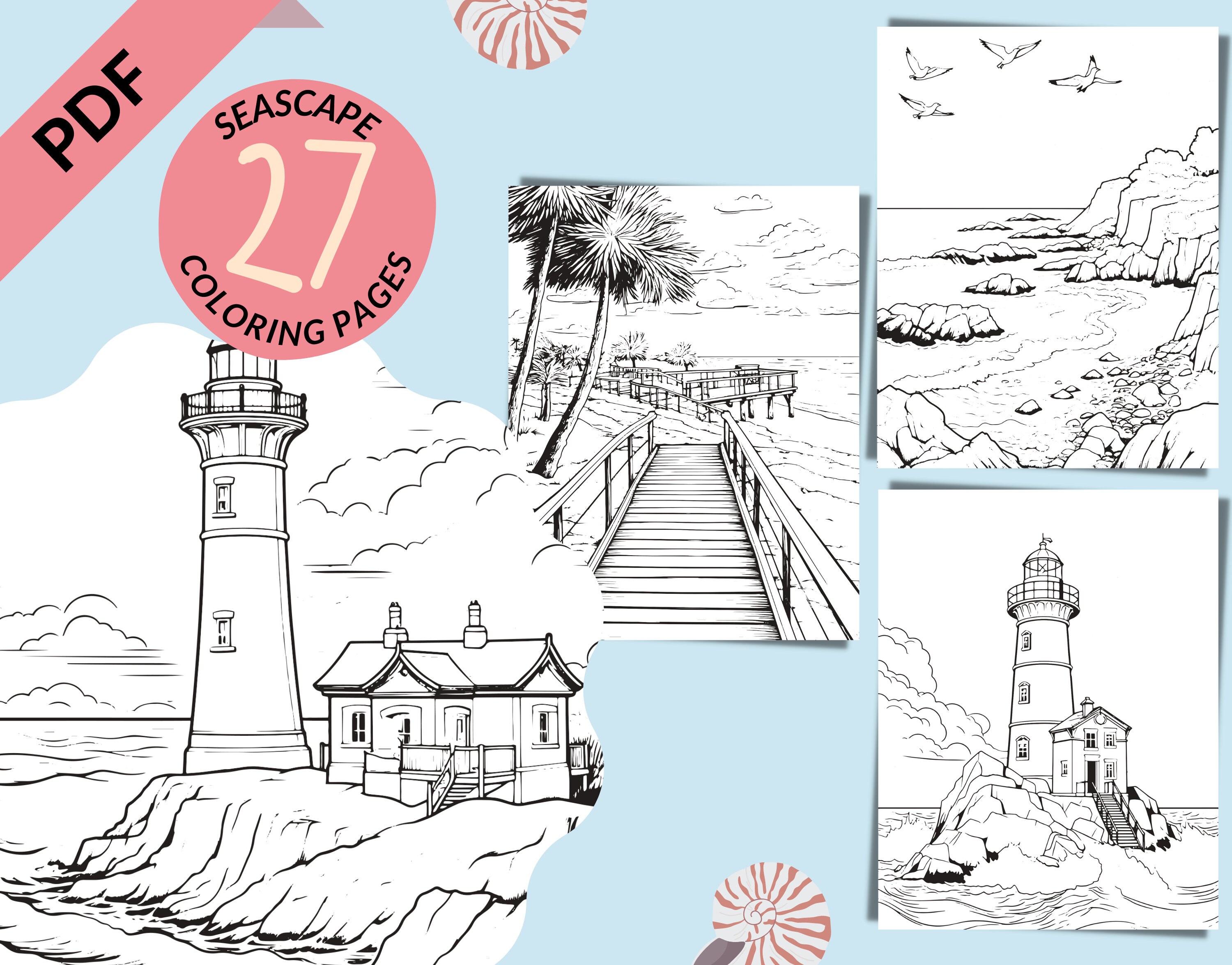 Seascape Coloring Pages for Adults Beach Scene Lighthouse Ship - Etsy ...