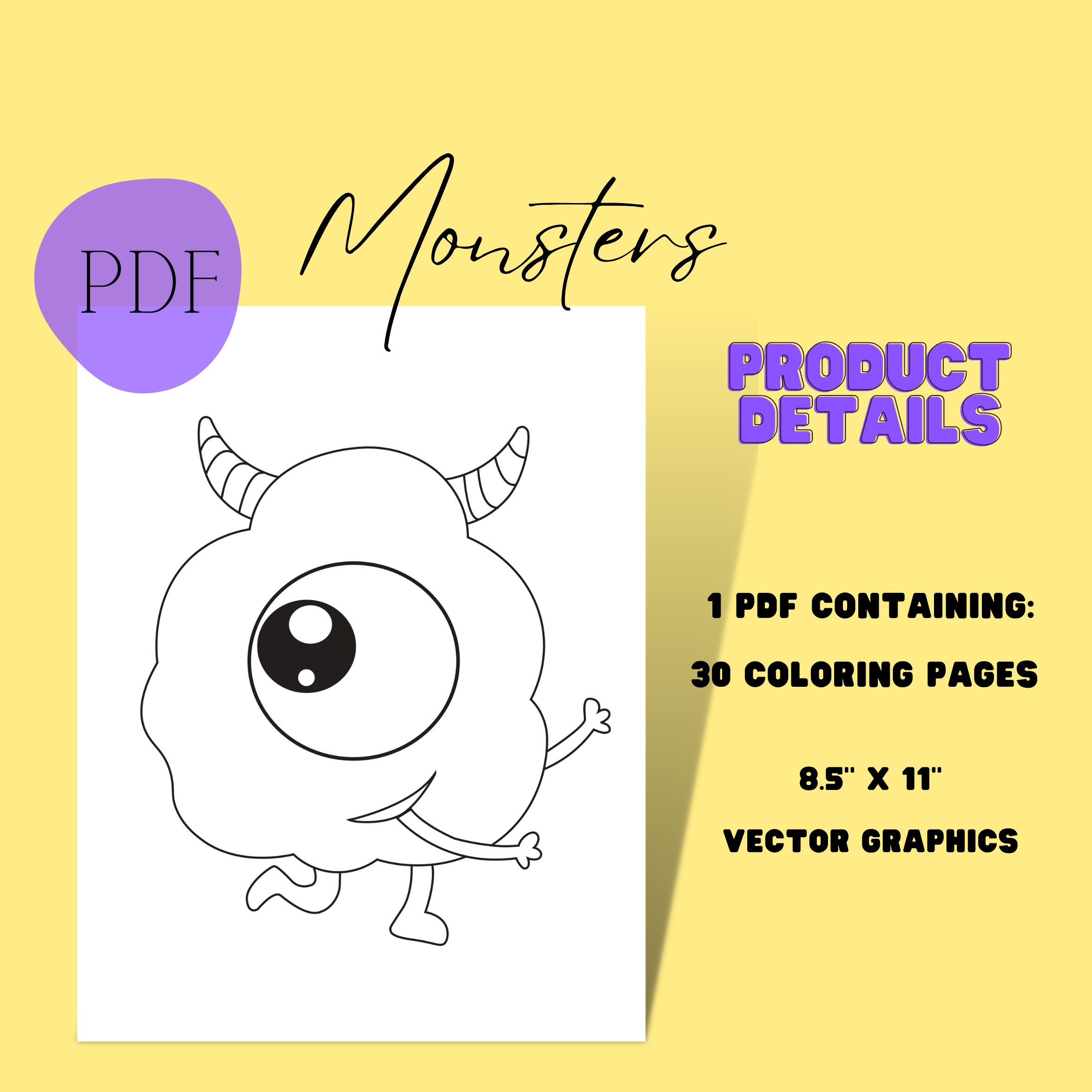 Monsters Easy Coloring Pages for Kids Printable Creative - Etsy