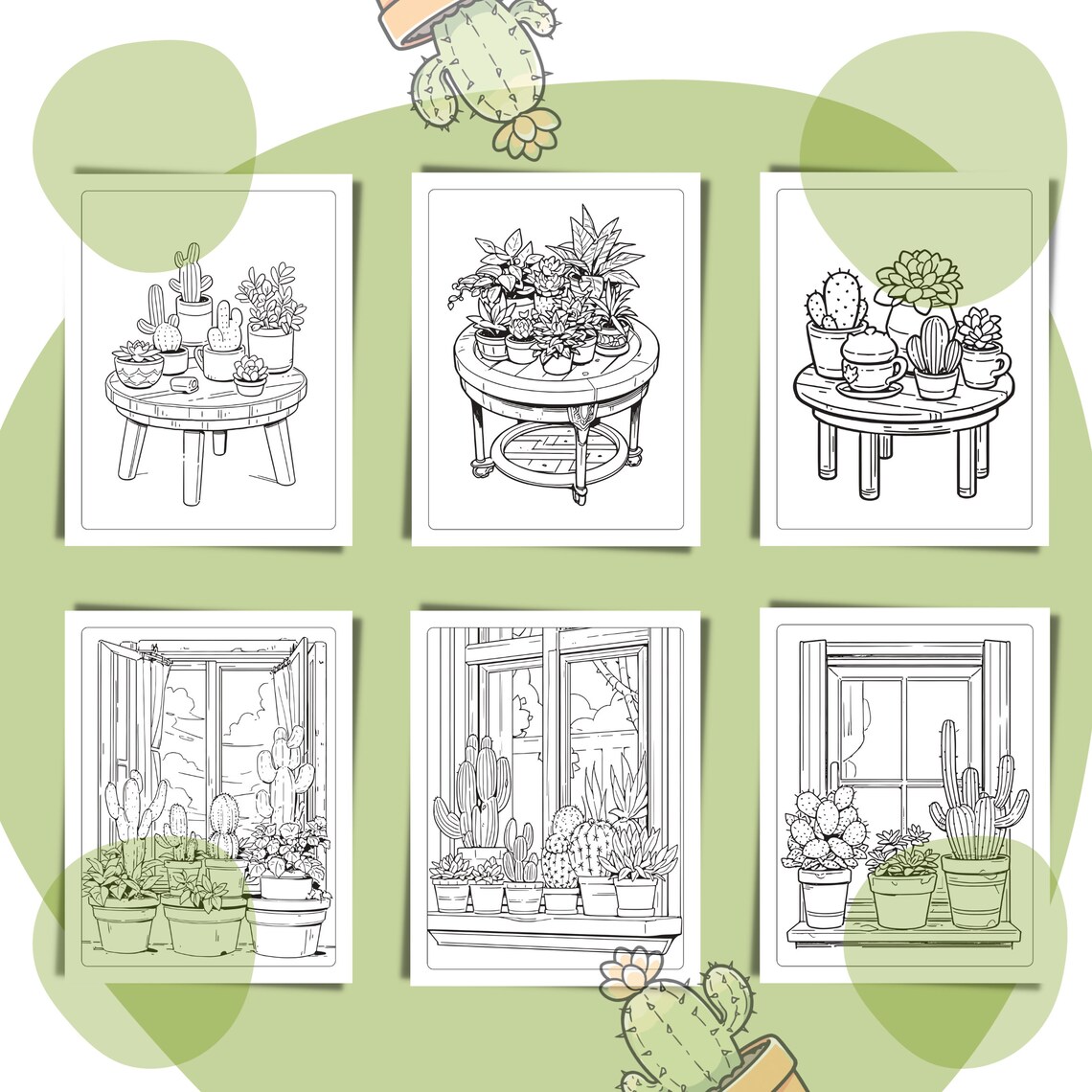 Plants in Pots Coloring Pages for Adults Cactus Houseplant Coloring ...