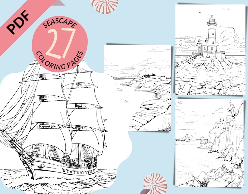 Seascape Coloring Pages for Adults Beach Scene Lighthouse Ship - Etsy