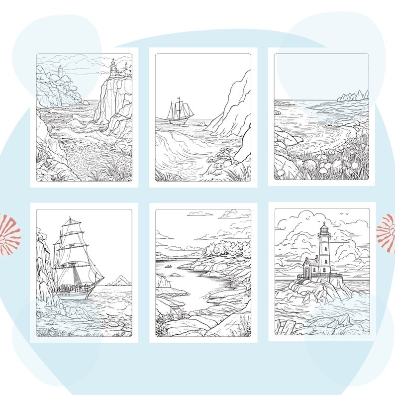 Seascape Coloring Pages for Adults Beach Scene Lighthouse Ship ...