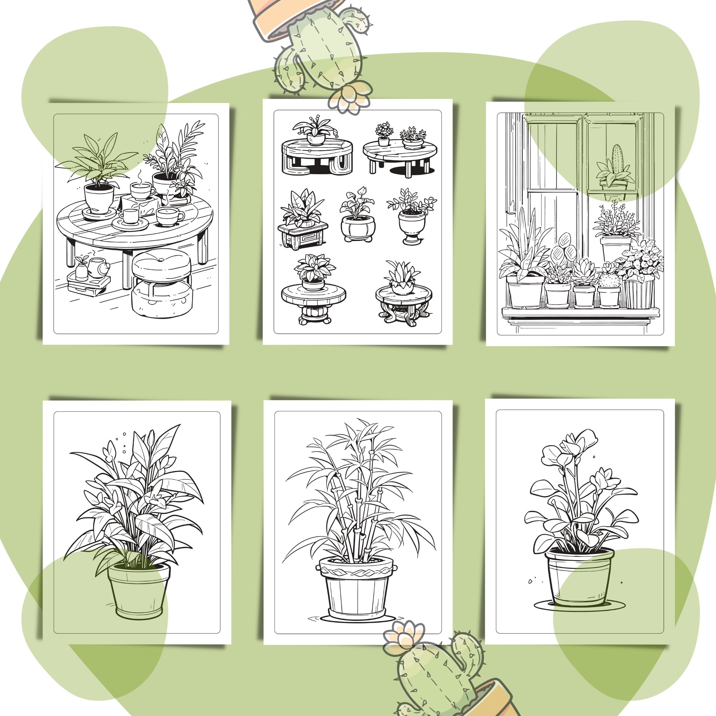 Plants in Pots Coloring Pages for Adults Cactus Houseplant Coloring ...