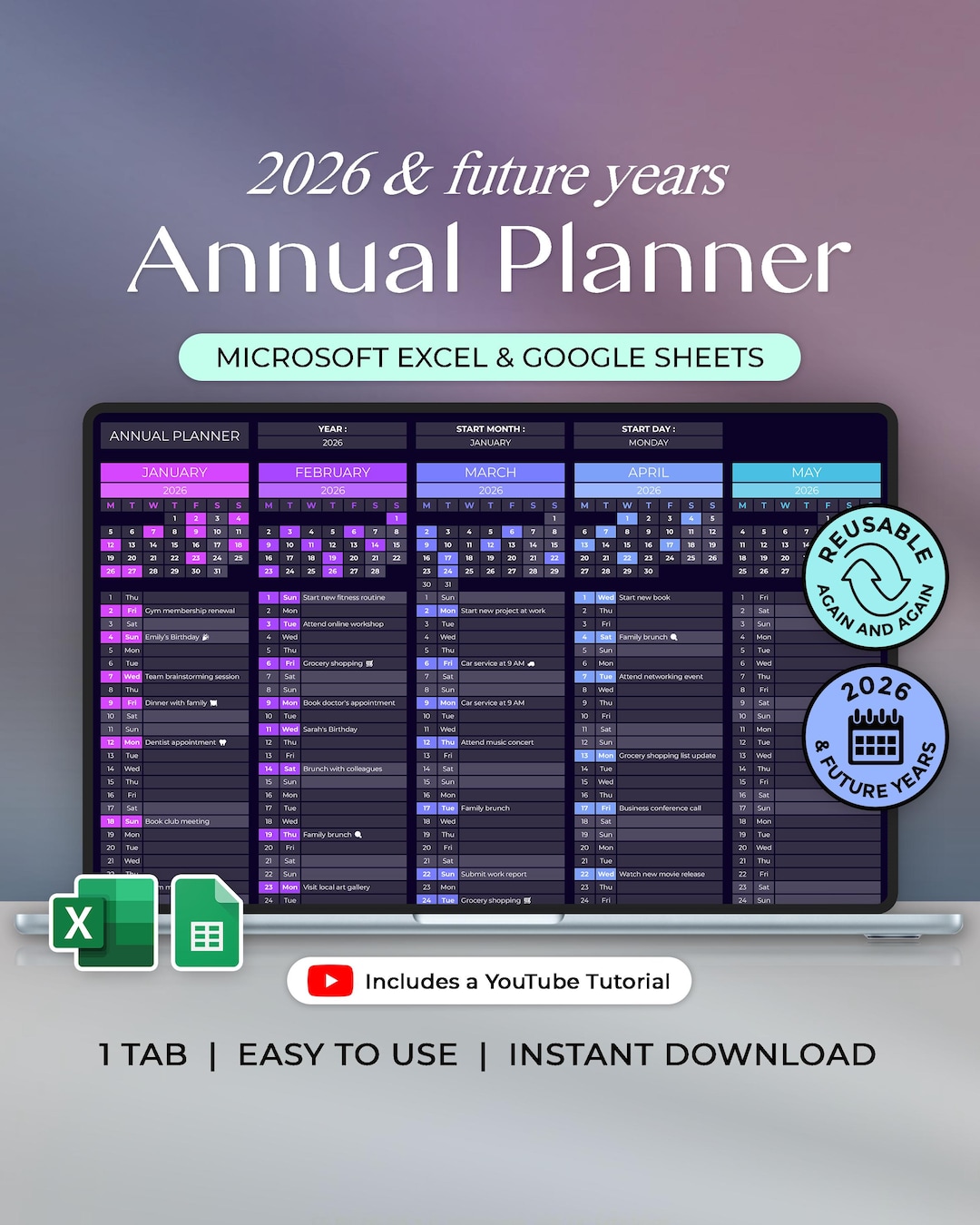 Annual Planner - 2026 & Future Years - Events, Birthdays, Daily Notes ...
