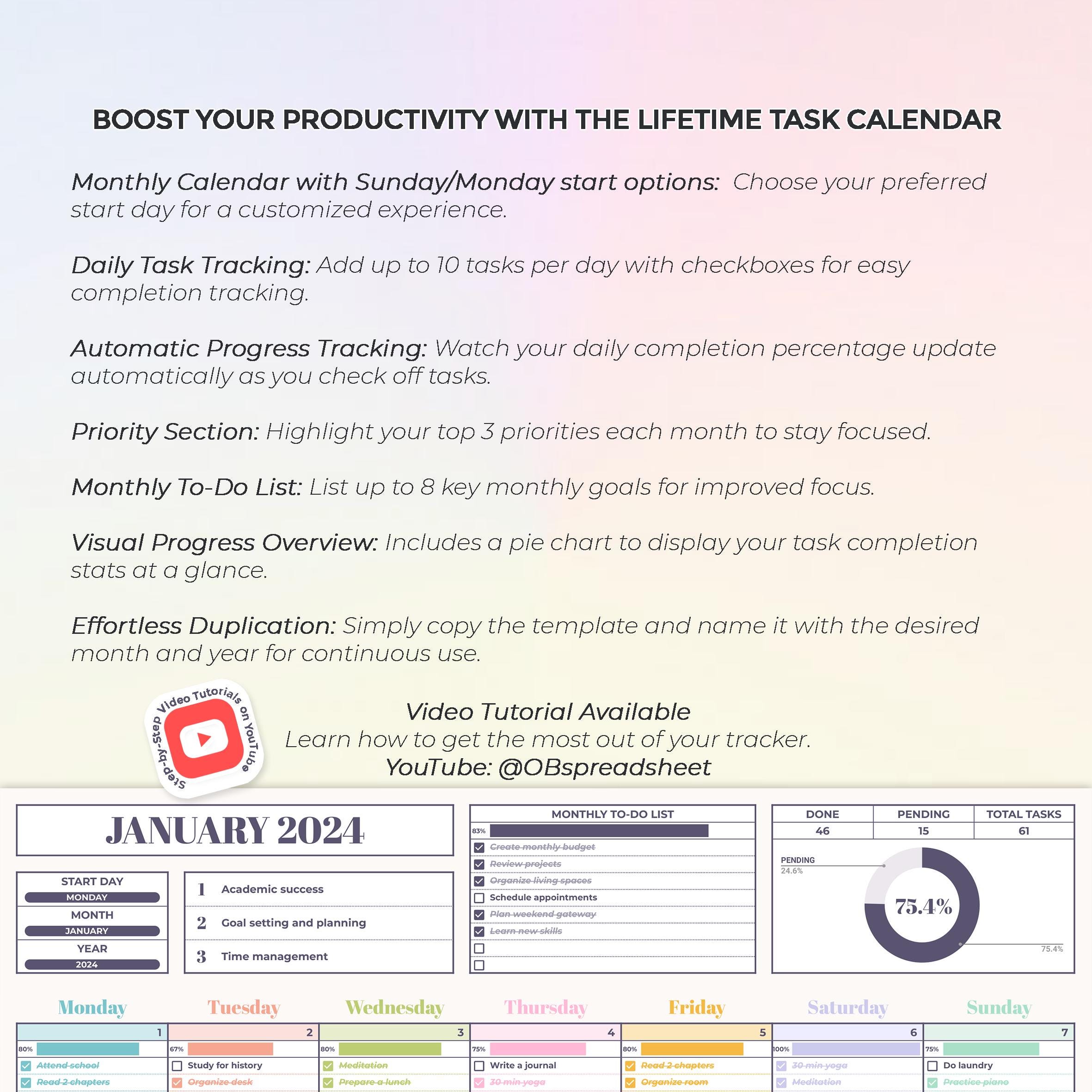 Lifetime Task Calendar - Monthly Calendar - Unlimited Years - Sunday ...
