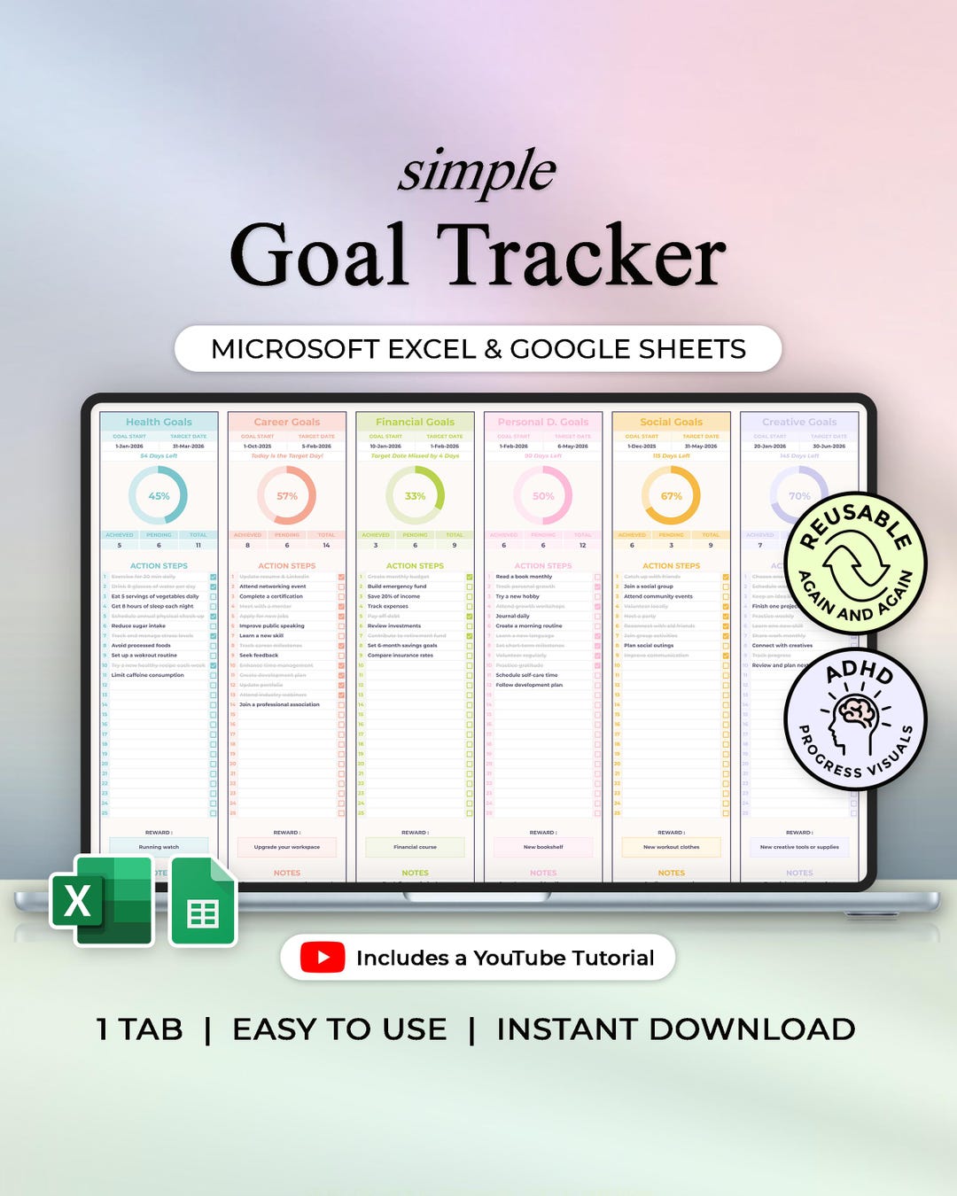 Simple Goal Tracker - Action Steps - Excel & Google Sheets Template ...