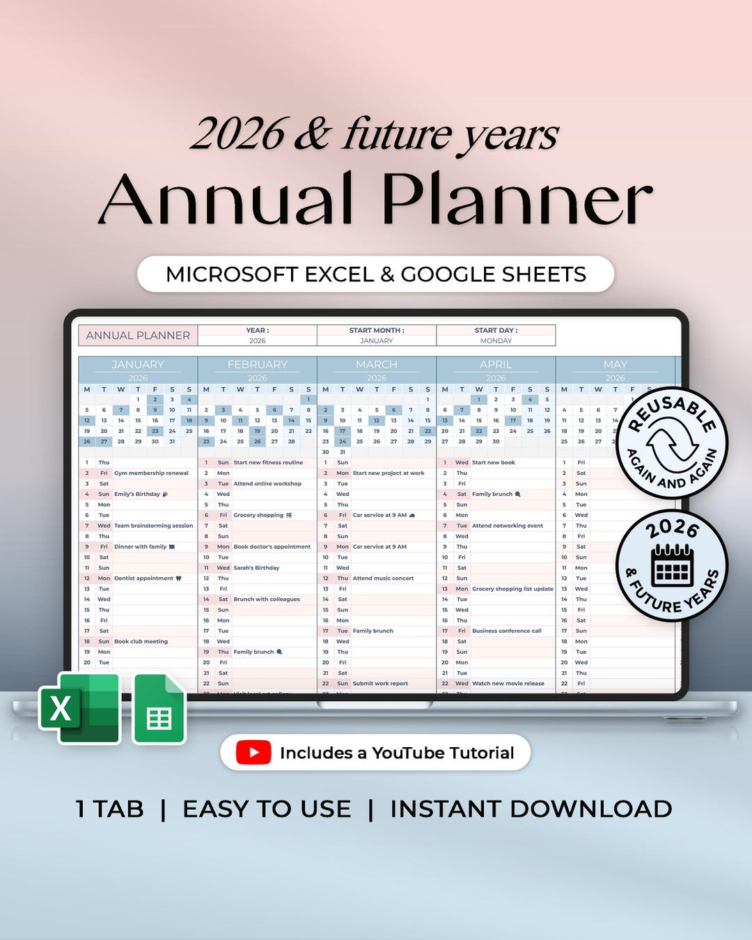 Annual Planner - 2026 & Future Years - Events, Birthdays, Daily Notes ...