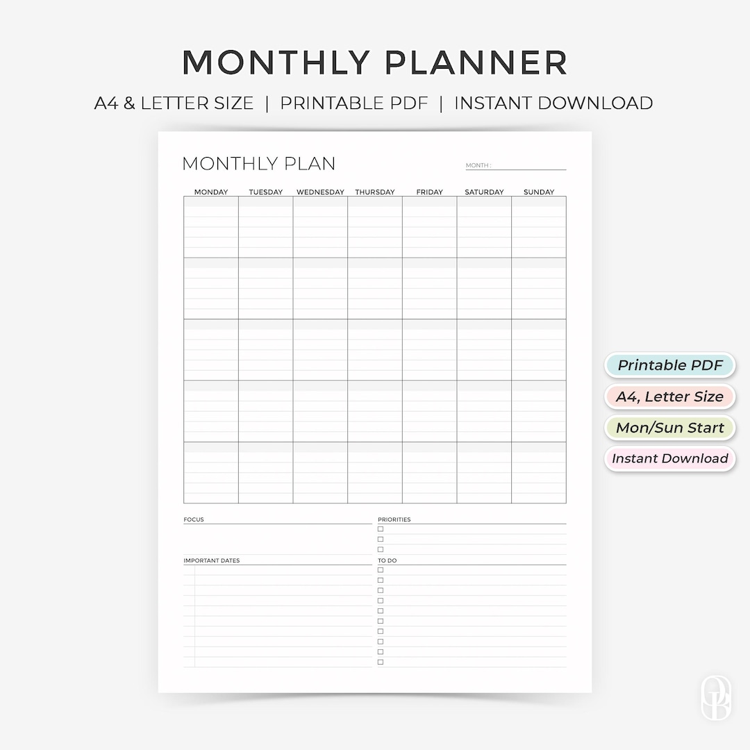 Monthly Plan - Monday and Sunday Start - A4 and Letter Size - Undated ...